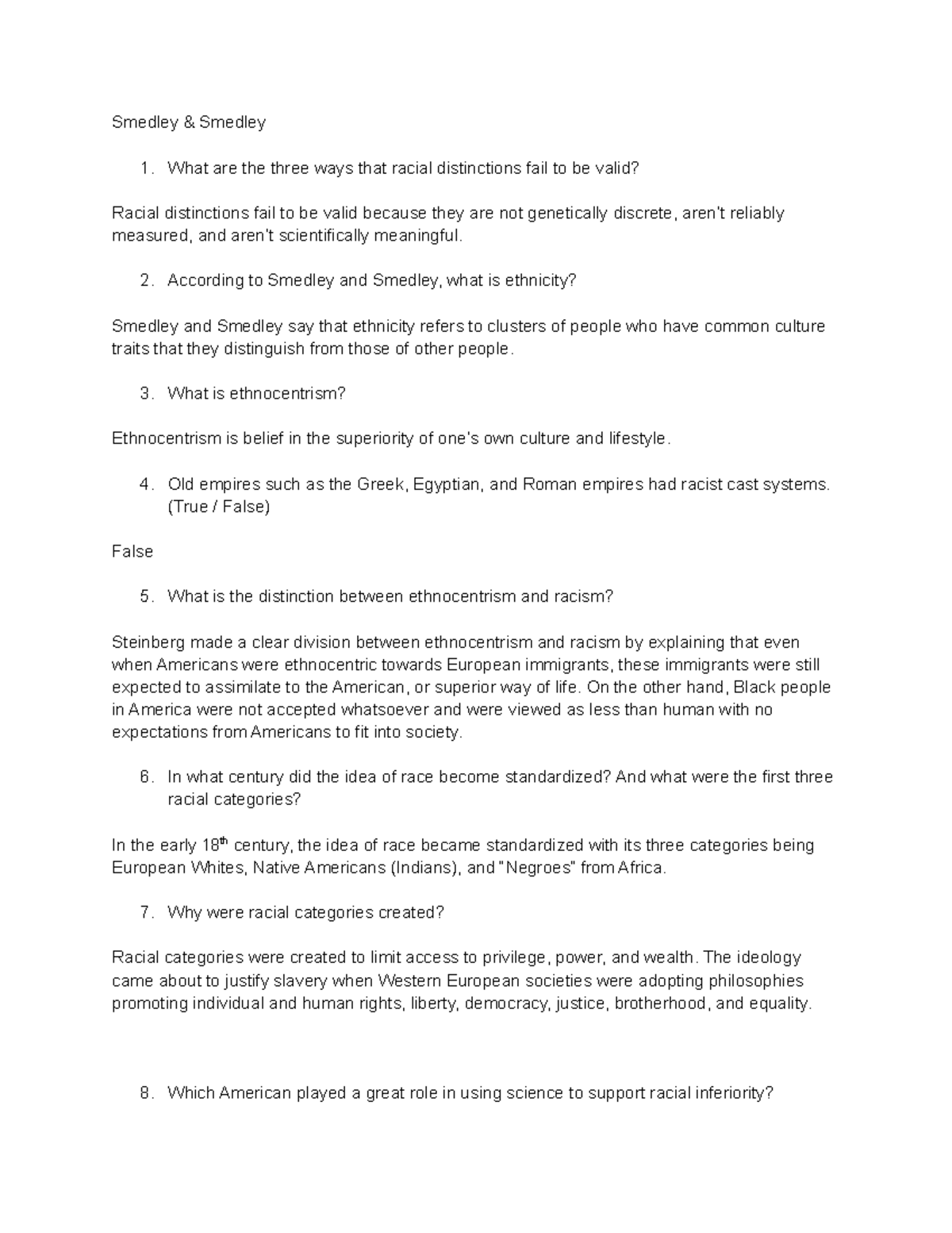 SOC101 Smedley Race Worksheet - Smedley & Smedley 1. What are the three ...