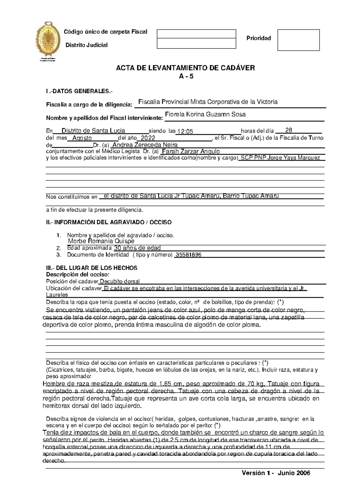 ACTA DE Levantamiento DE Cadaver - Código único de carpeta Fiscal ...