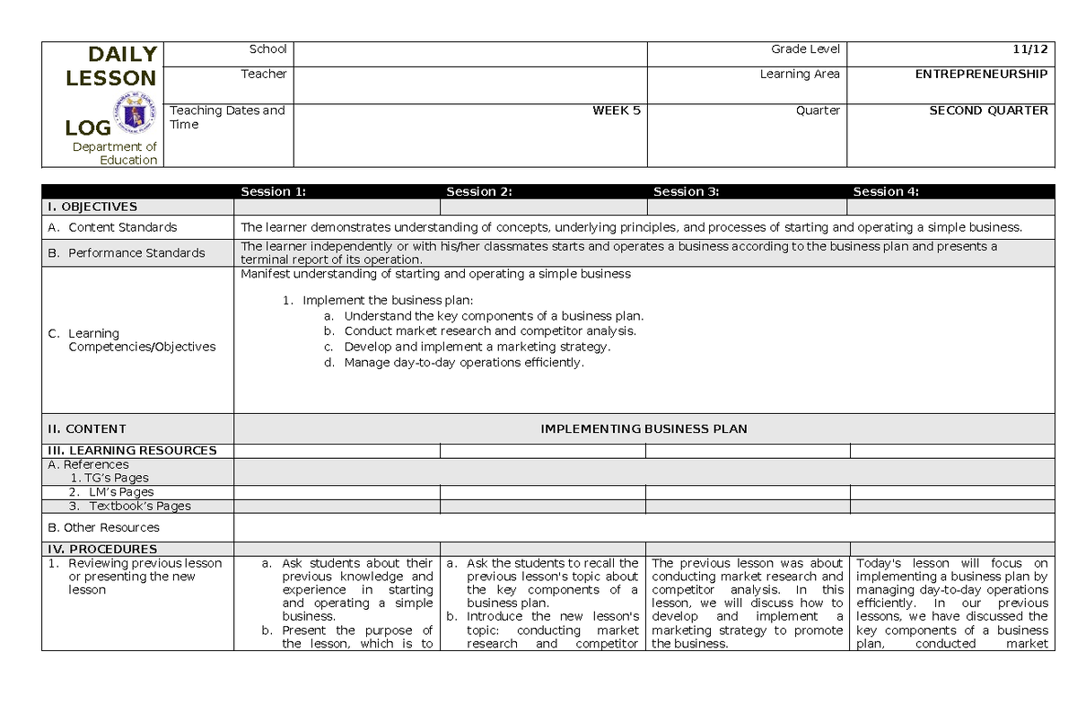 Entrep Q2 WEEK5 - DAILY LESSON LOG - DAILY LESSON LOG Department of ...
