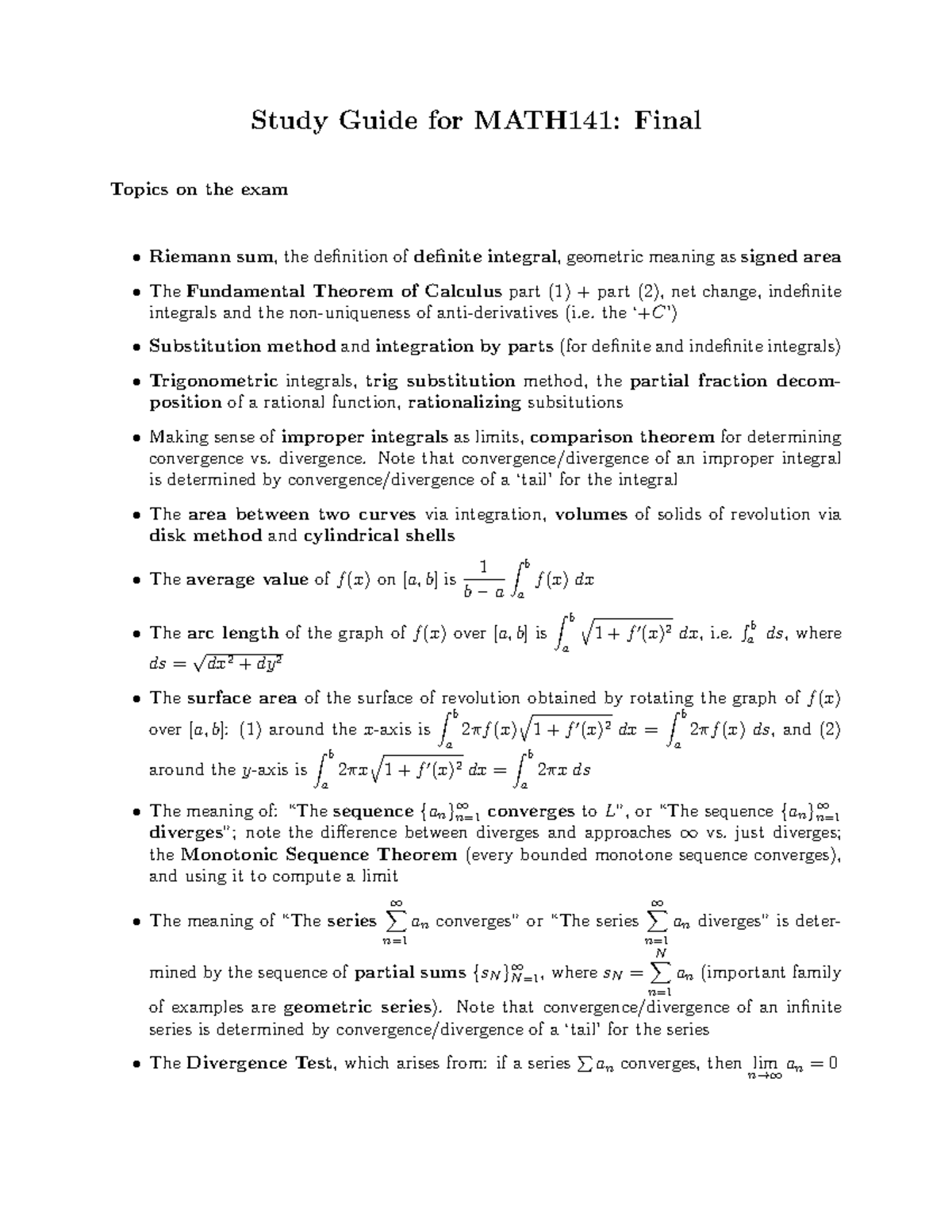 Final study guide fall 2018 - Study Guide for MATH141: Final Topics on ...