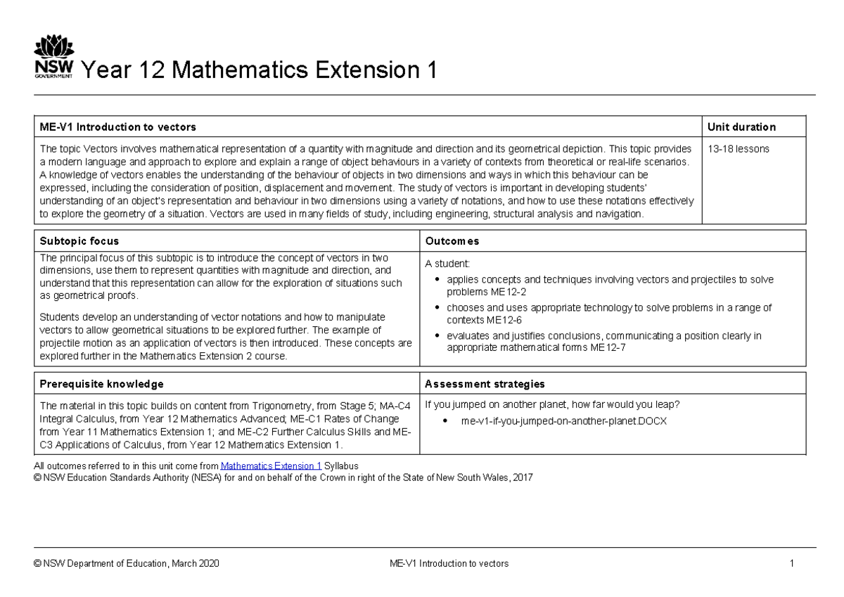 Me v1 introduction to vectors - Year 12 Mathematics Extension 1 ME-V1 ...