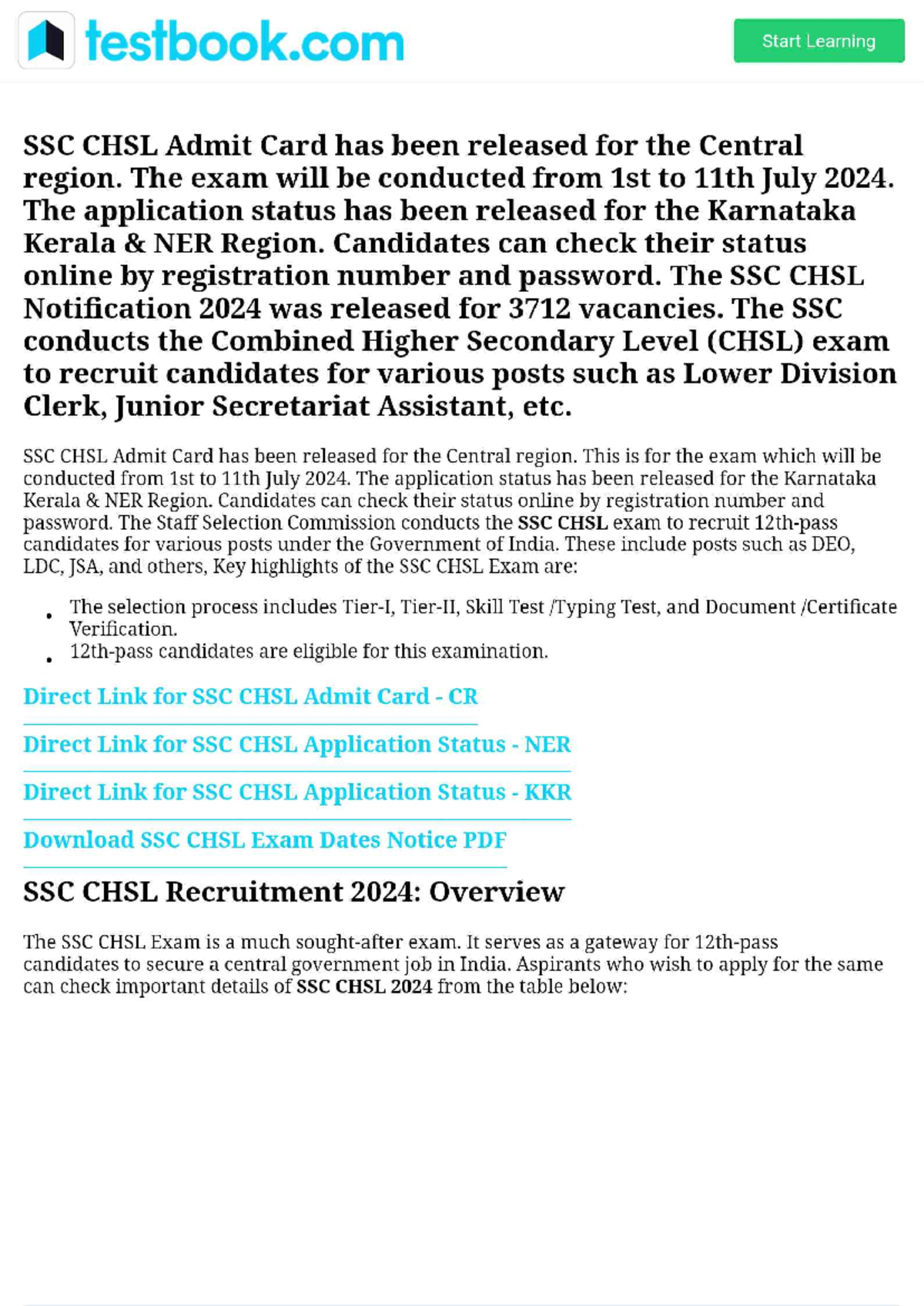 SSC CHSL 2024Exam Info - Ssc chal notification - testbook Start ...