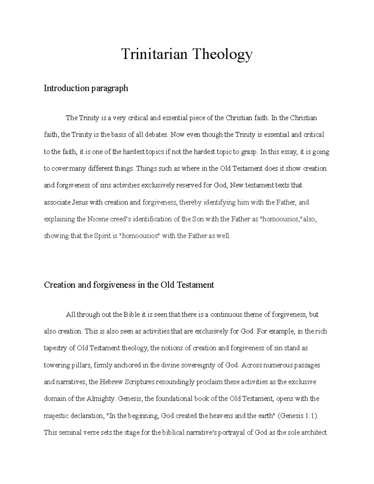 Trinitarian Theology - Trinitarian Theology Introduction paragraph The ...