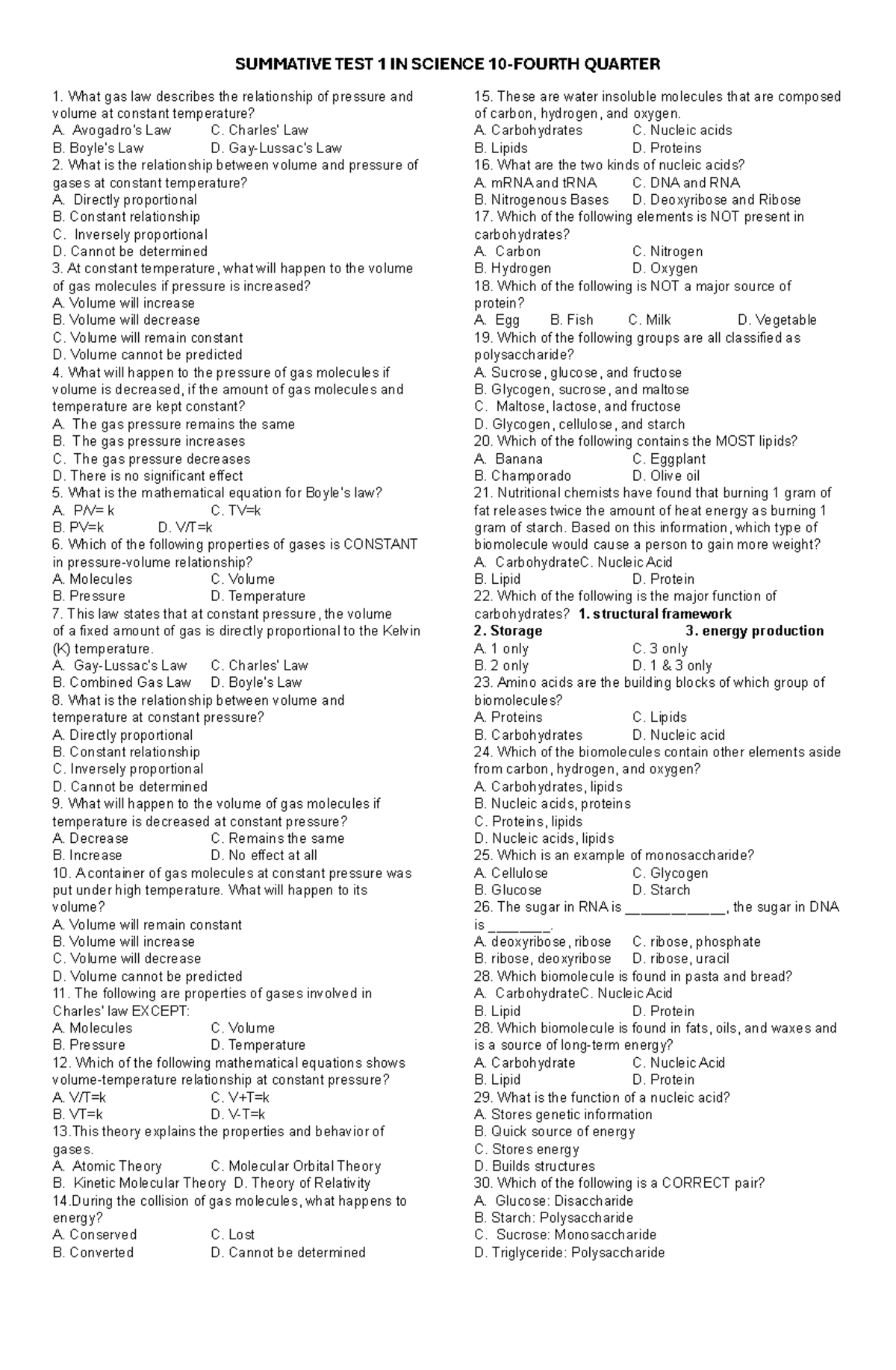 Summative TEST 1 IN Science 10 - SUMMATIVE TEST 1 IN SCIENCE 10-FOURTH ...