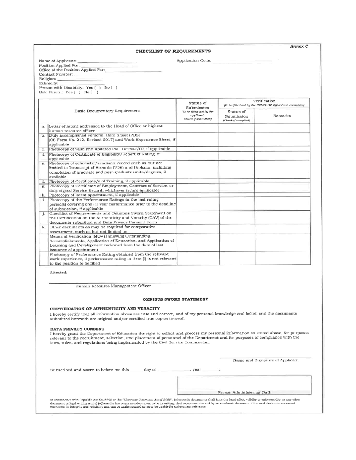 Checklist of Requirements and Omnibus Sworn Statement on the ...