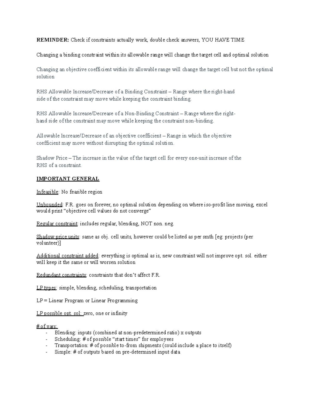 Midterm Cheat Sheet - REMINDER: Check if constraints actually work ...