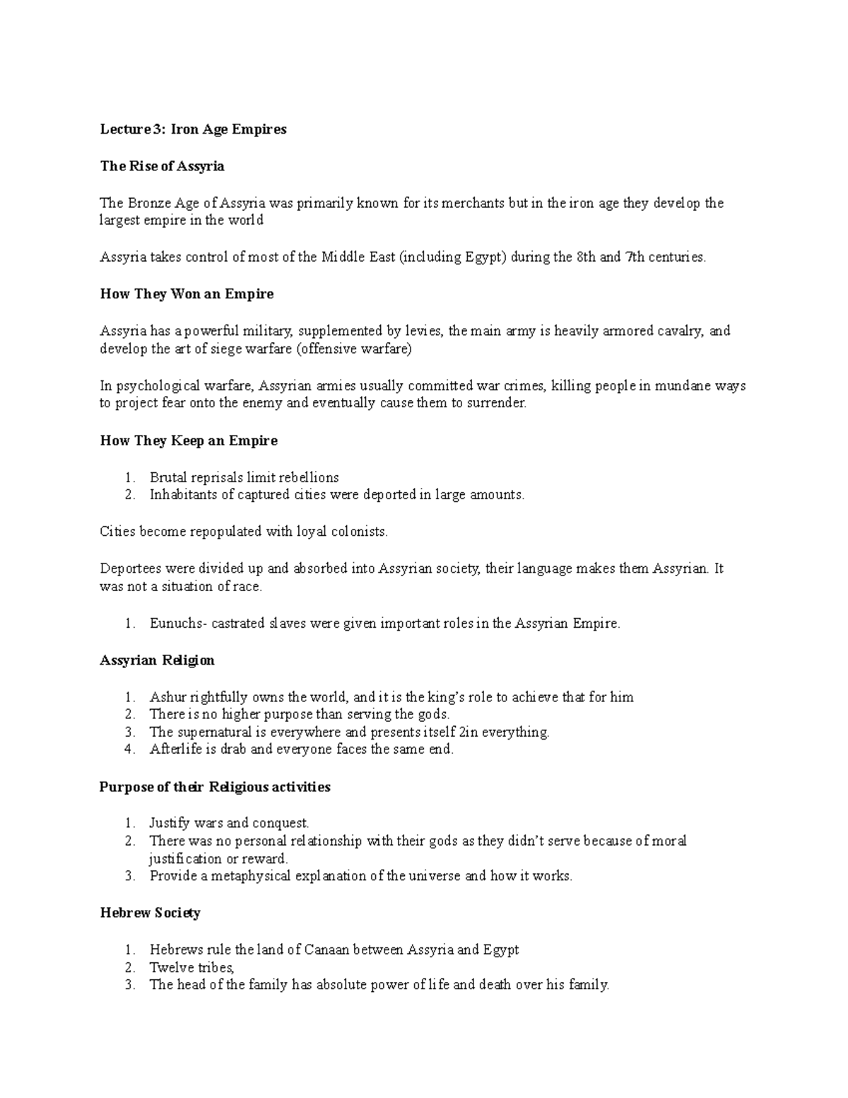 HIST 1101 Lecture 3 - Lecture 3: Iron Age Empires The Rise of Assyria ...