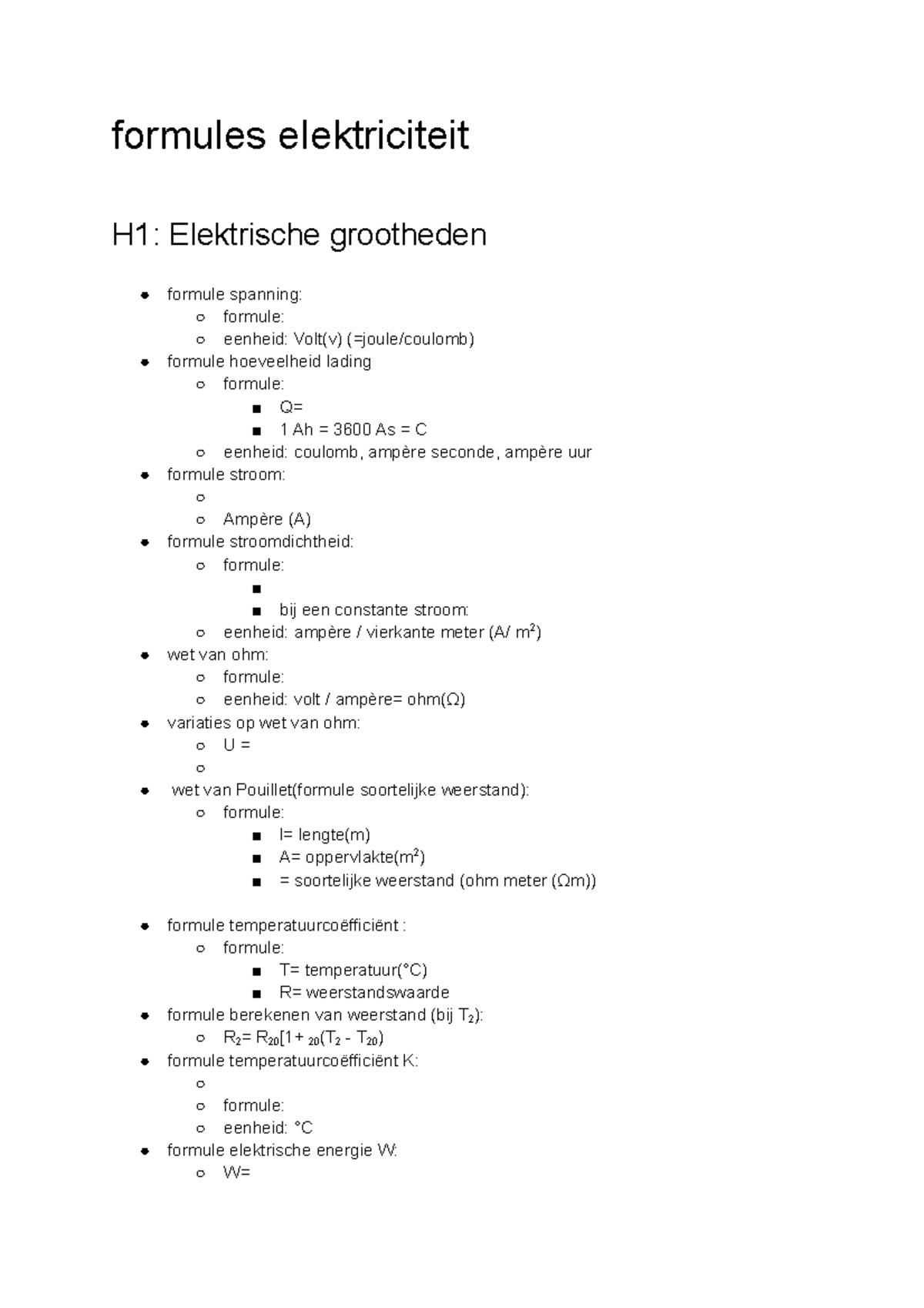 Formules elektriciteit - formules elektriciteit H1: Elektrische ...