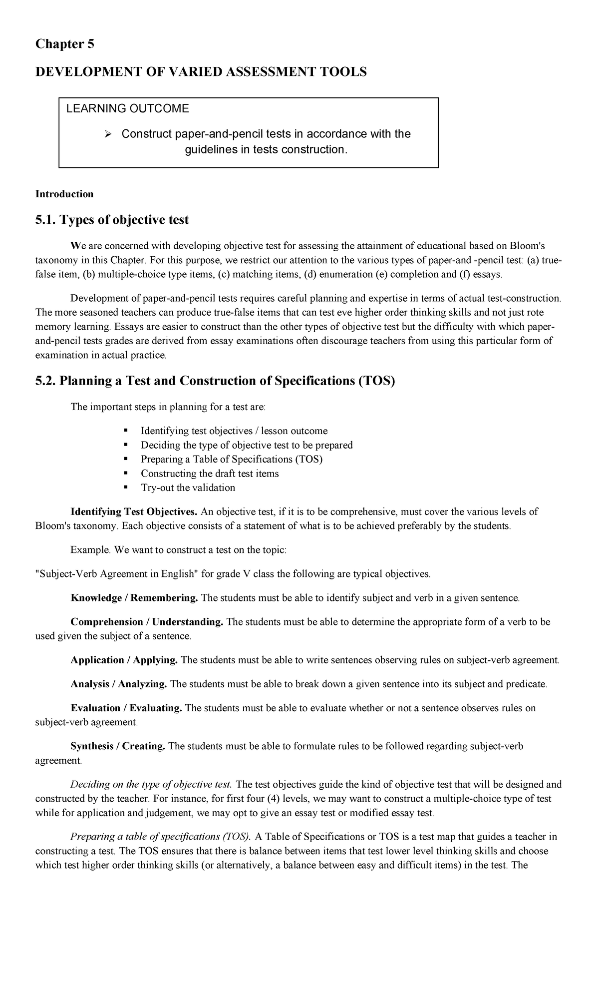 Chapter 5 - assessment in learning - Chapter 5 DEVELOPMENT OF VARIED ASSESSMENT TOOLS ...