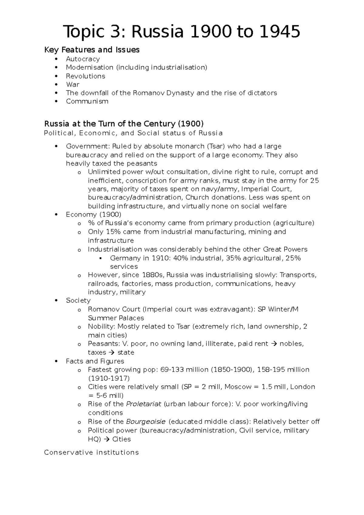 Russia 1900-1945 - Key Features and Issues Autocracy Modernisation ...