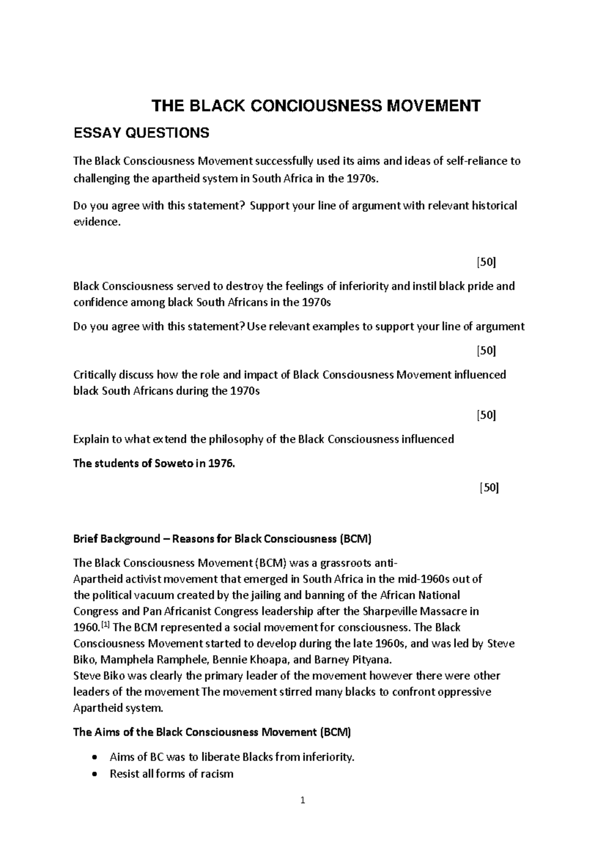 Essay - BCM-1 - THE BLACK CONCIOUSNESS MOVEMENT ESSAY QUESTIONS The ...