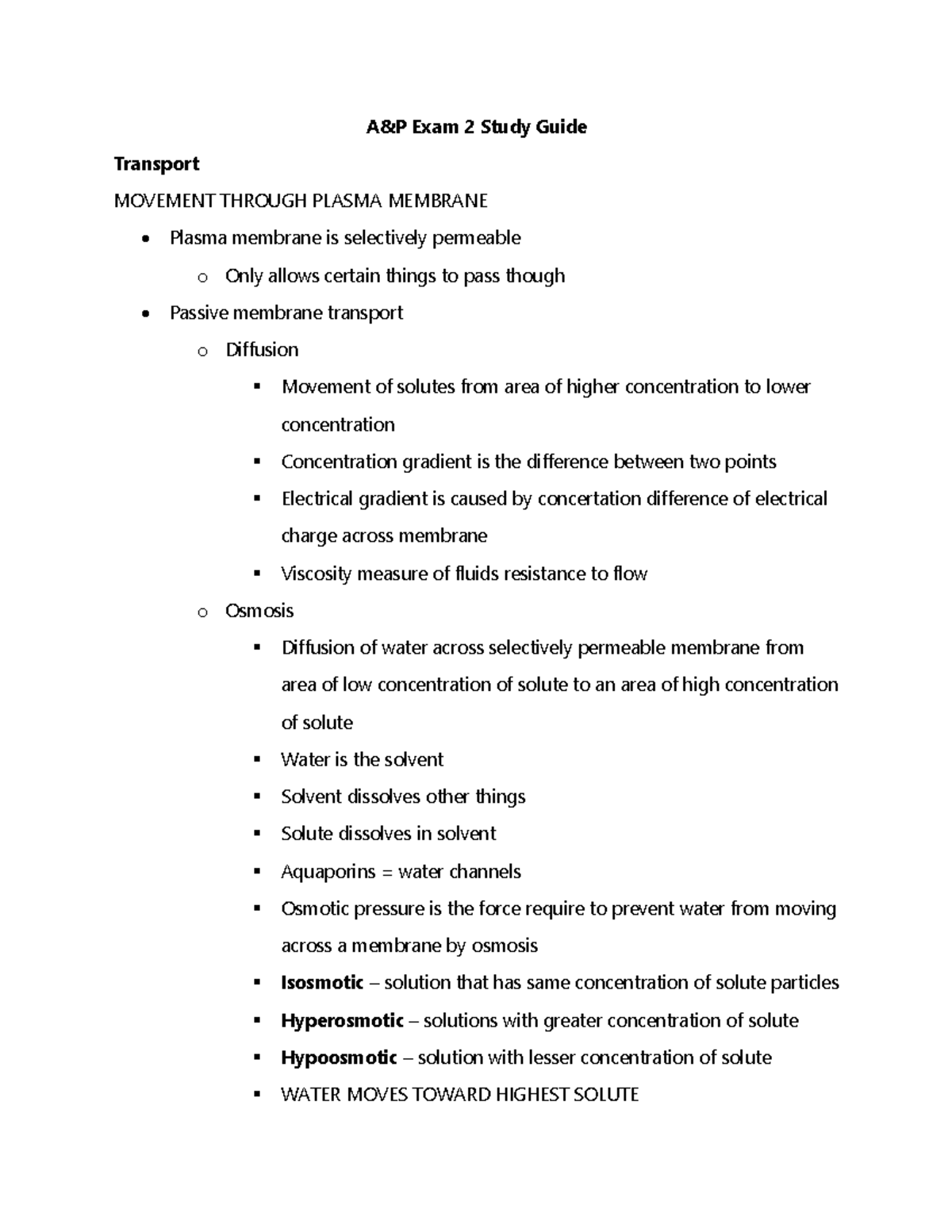 Study guide exam 2 - A&P Exam 2 Study Guide Transport MOVEMENT THROUGH ...