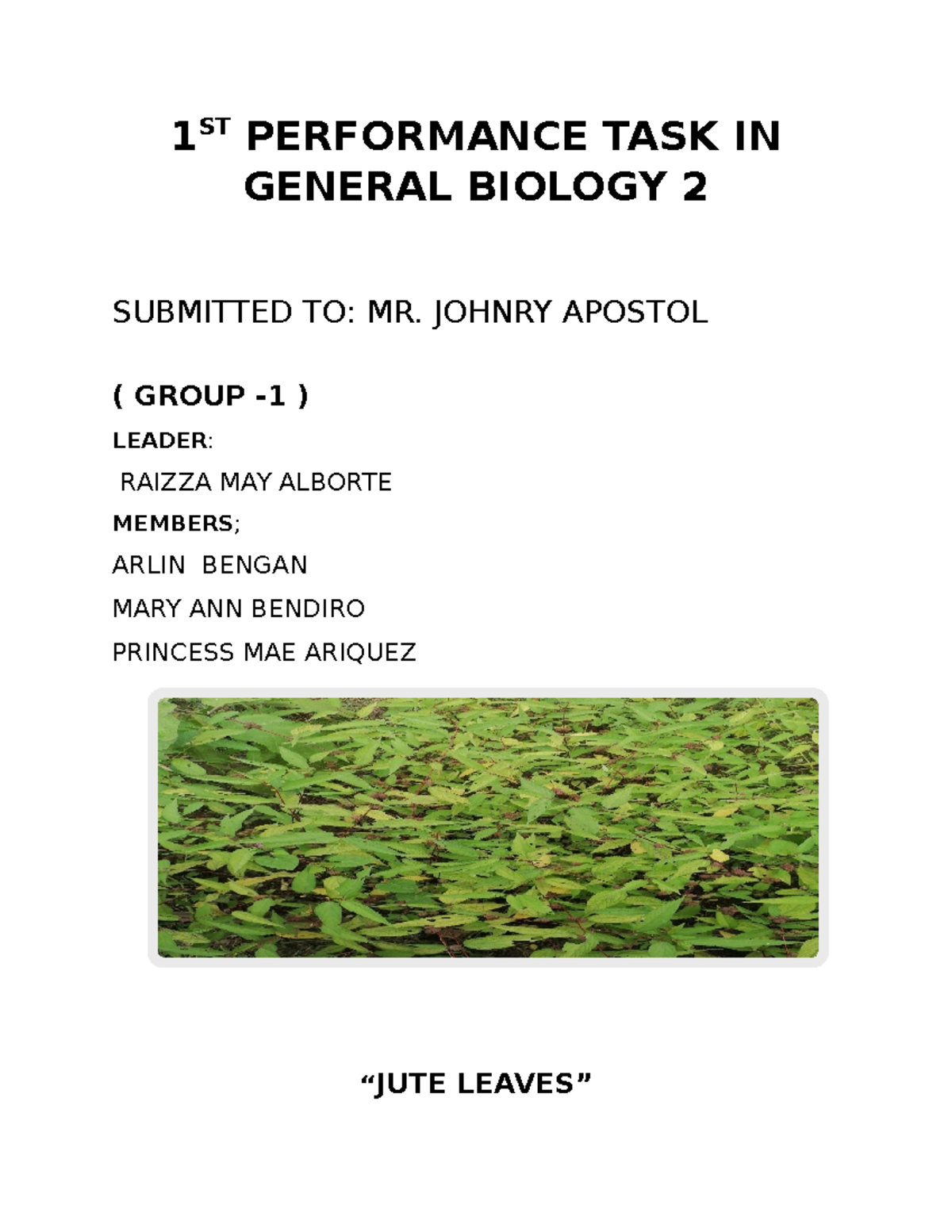 Document (1) (12) - 1 ST PERFORMANCE TASK IN GENERAL BIOLOGY 2 ...