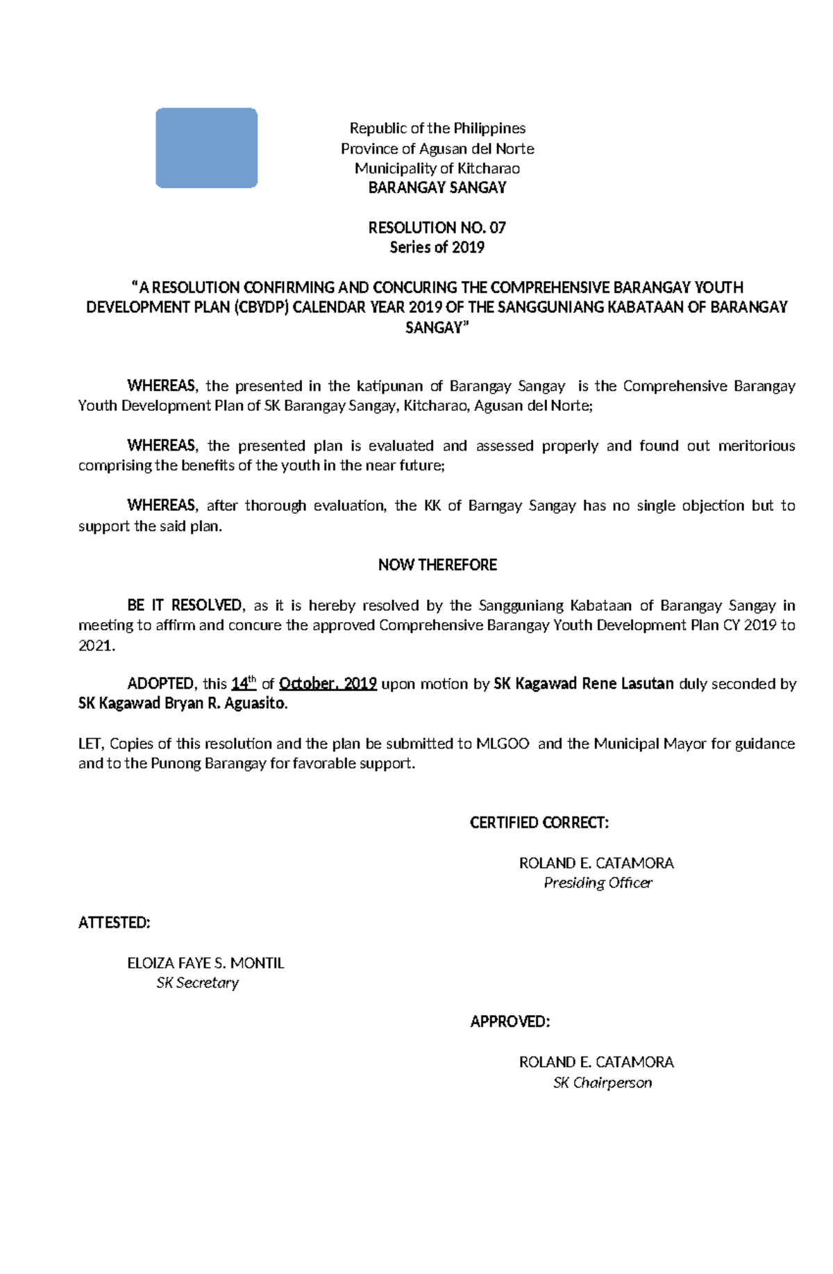 Resolution concuring - Republic of the Philippines Province of Agusan ...