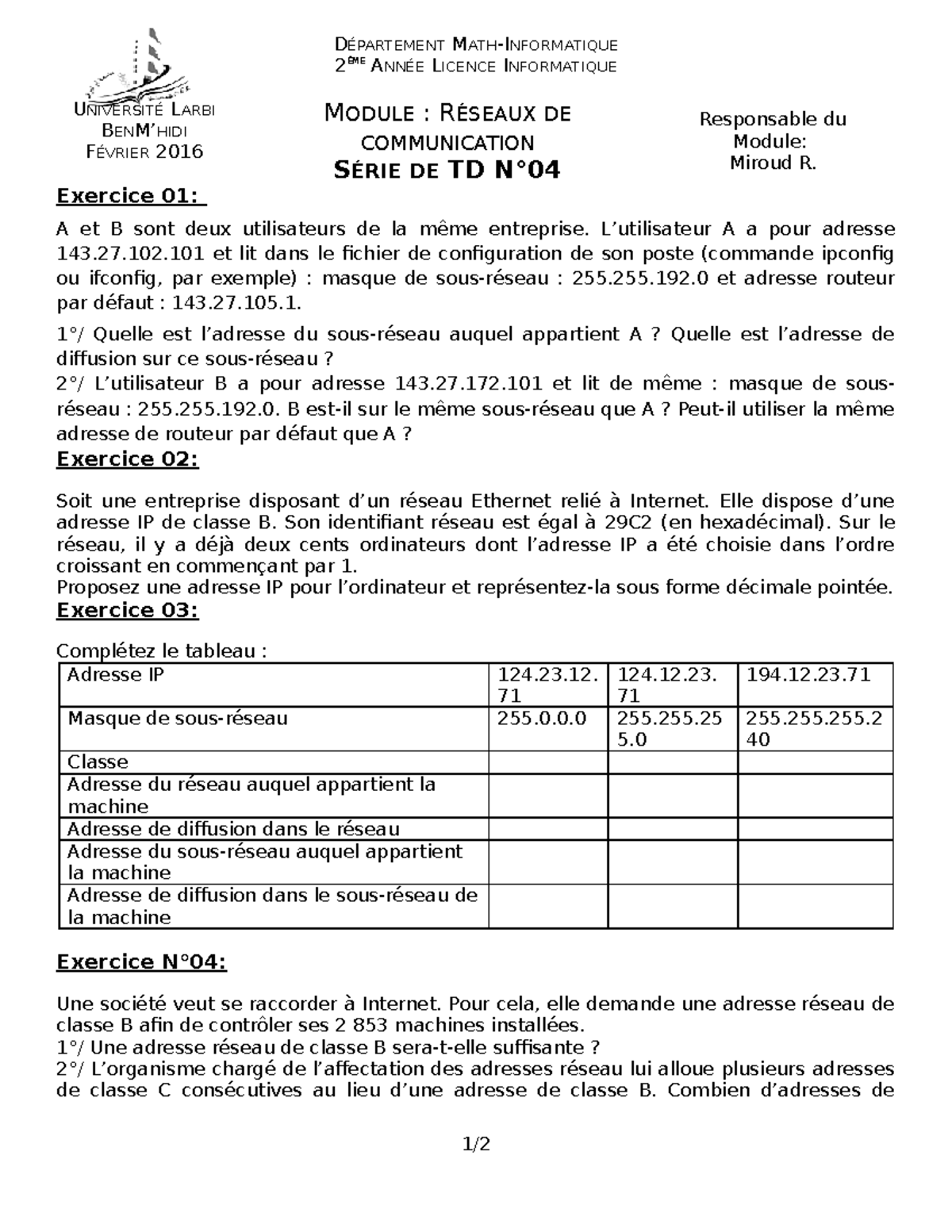 Solutions Des Exercices Couche Reseaux TD 0 4 - DÉPARTEMENT MATH-INFORMATIQUE 2 ÈME ANNÉE ...