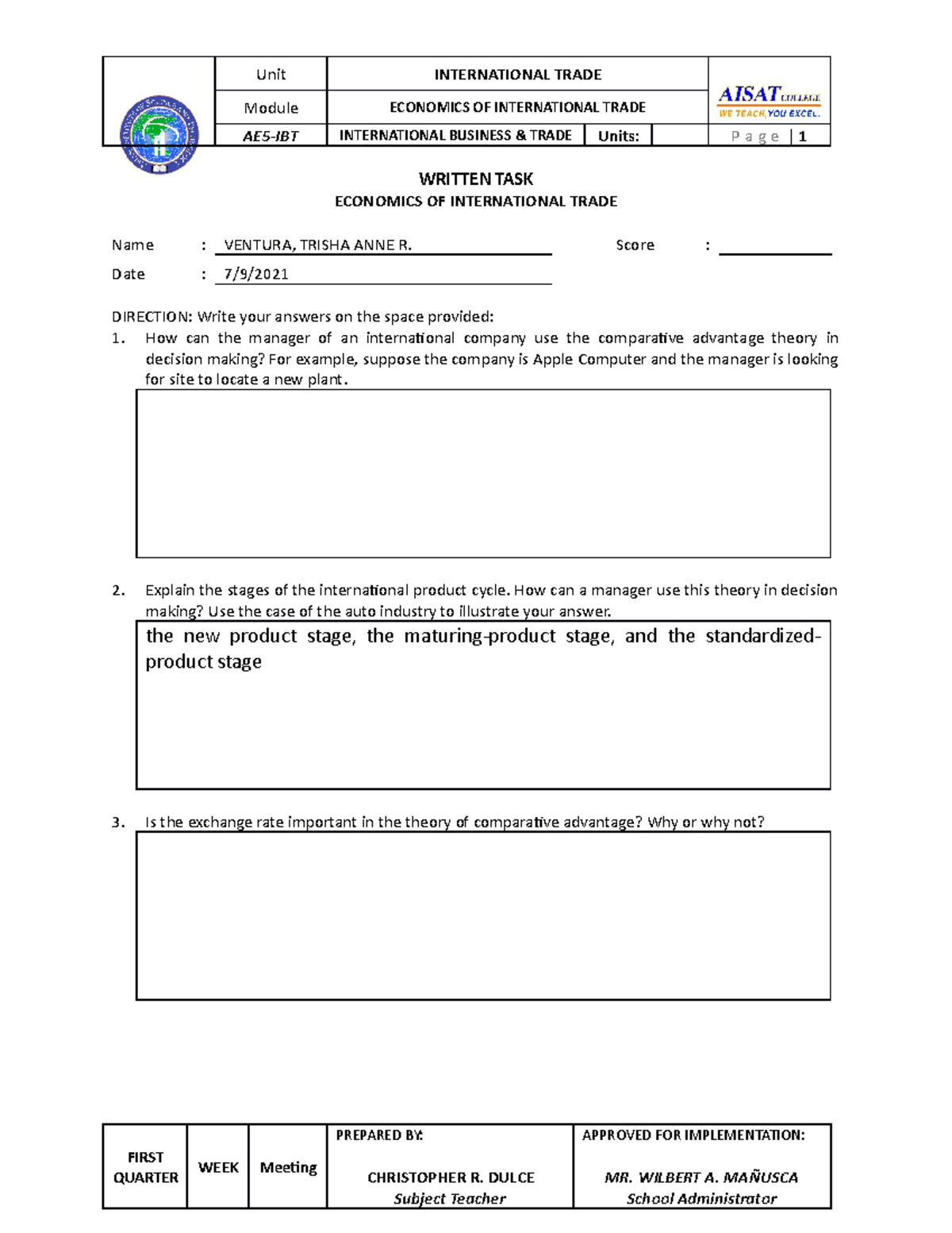 CRD- Module 3-AE5-IBT1 Assignment - Unit INTERNATIONAL TRADE Module ...