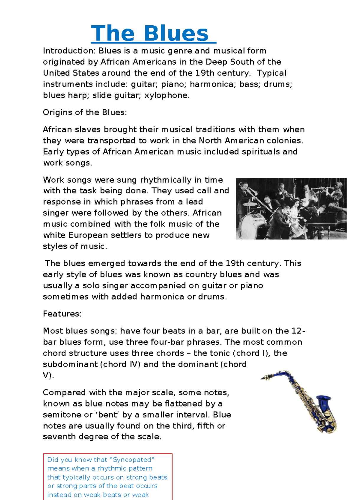 The Blues Music Homework - The Blues Introduction: Blues is a music ...