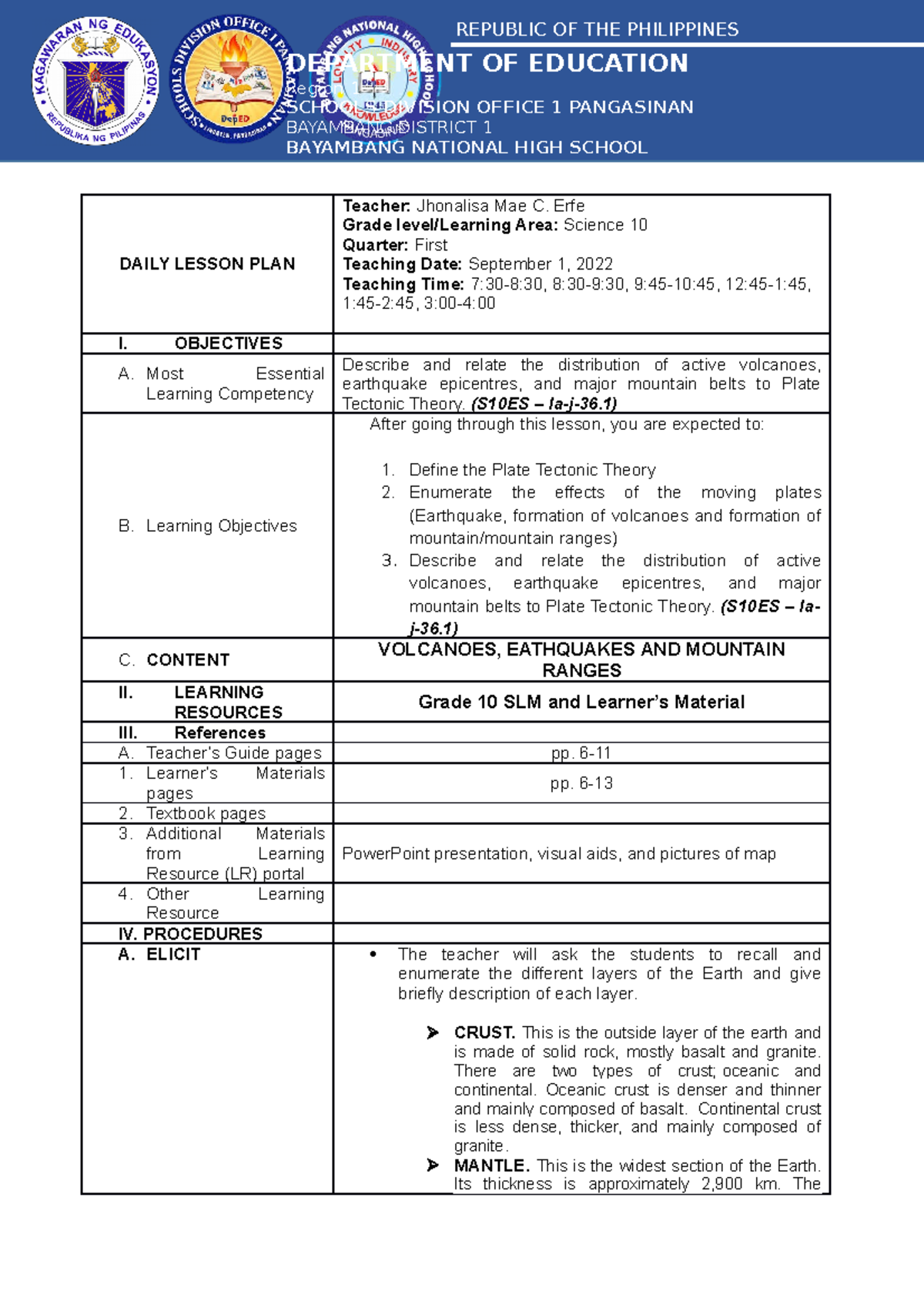 DLL September 1 - Detailed lesson plan - DAILY LESSON PLAN Teacher ...