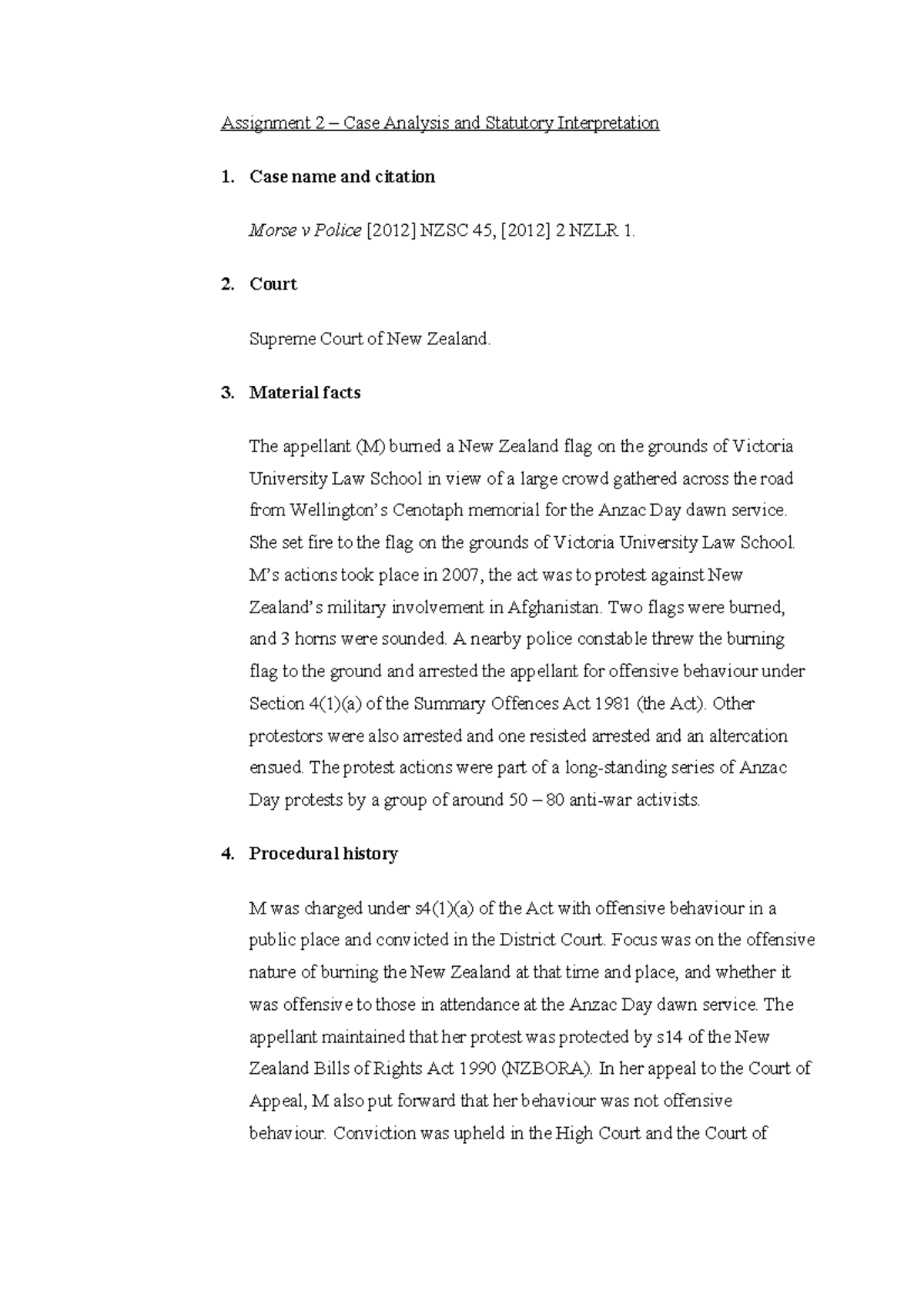 Assignment 2 - Case Analysis and Statutory Interpretation - Morse v Police - Assignment 2 – Case ...