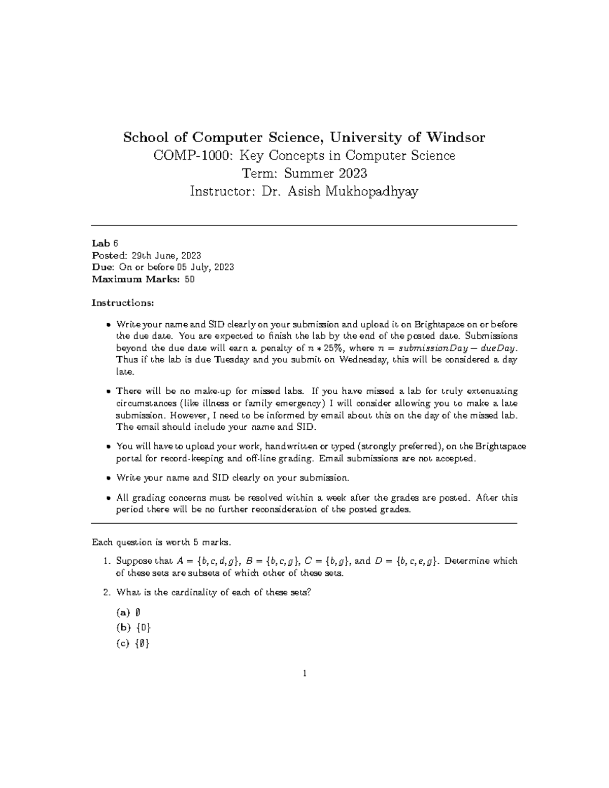 Lab Six-COMP1000-S23 - lab assingment - COMP-1000 - U of W - Studocu