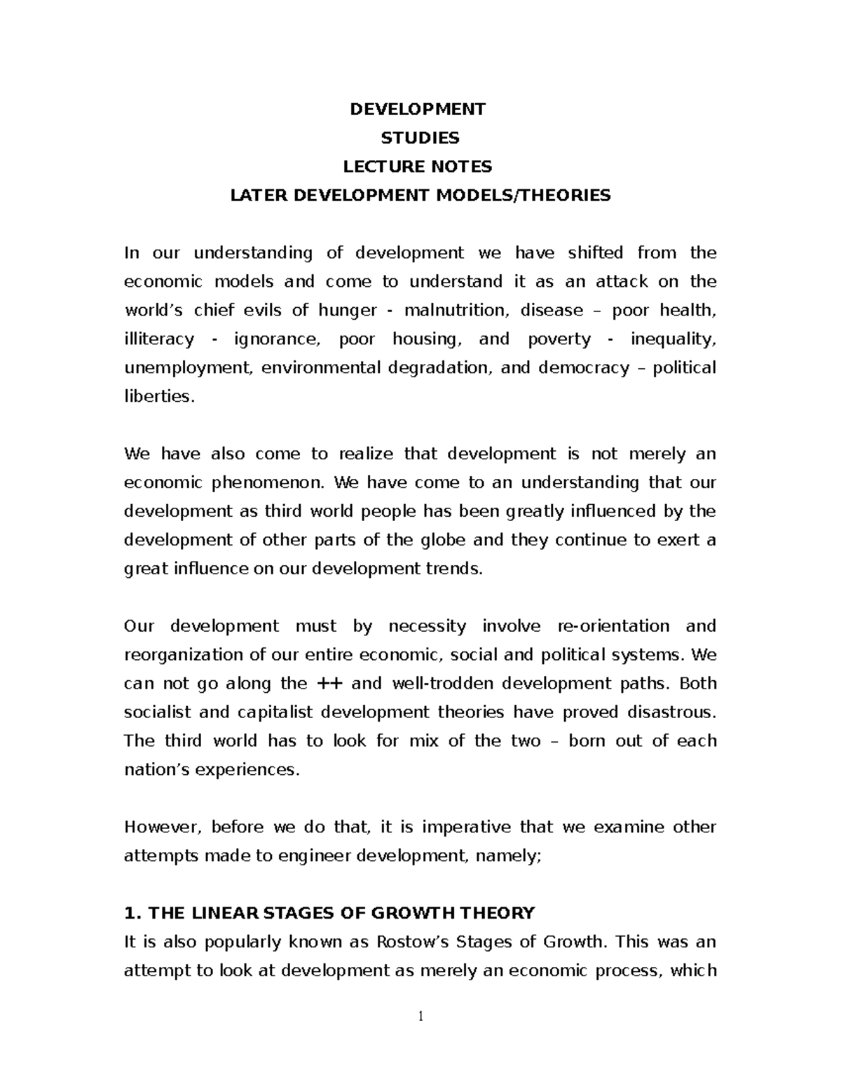 development studies summarised topics - DEVELOPMENT STUDIES LECTURE ...