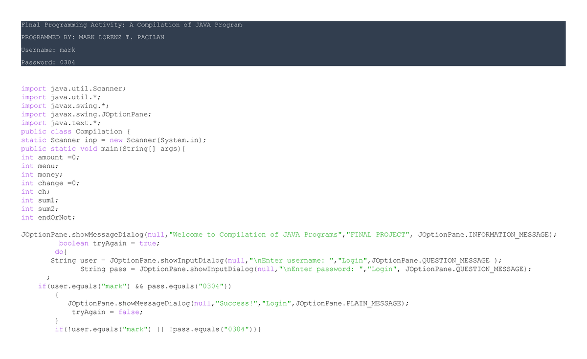Final Programming Activity - PACILAN Username: mark Password: 0304 ...