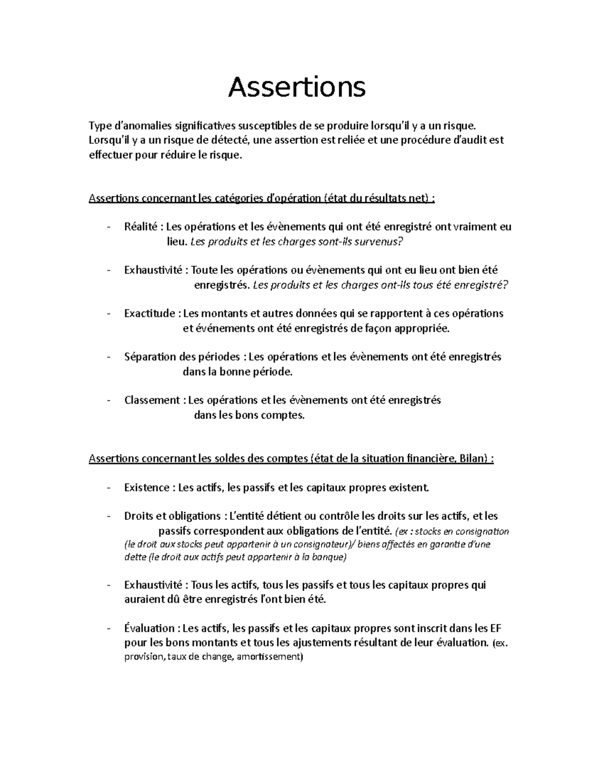 Assertions - Assertions Type d’anomalies significatives susceptibles de se produire lorsqu’il y ...