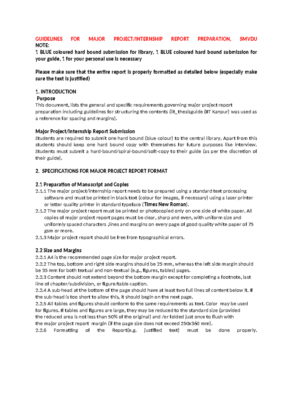 Smvdu BTech project Report Guidelines - GUIDELINES FOR MAJOR PROJECT/INTERNSHIP REPORT ...