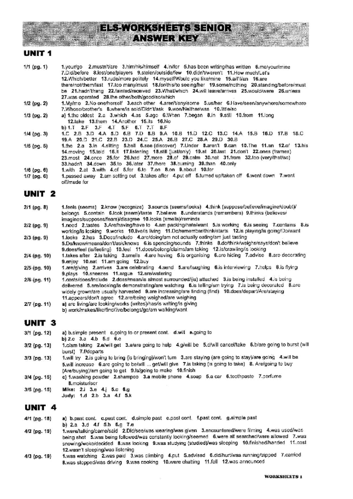 Els Worksheets Keys Senior - SENIOR ANSWER KEY UNIT 1 (pg. 1) 5 been ...