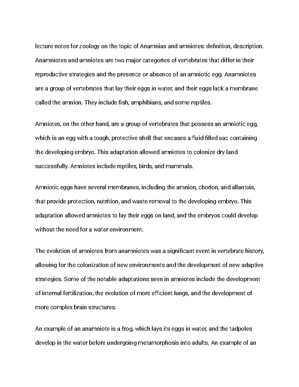 Lecture notes for zoology on the topic of Anamnias and amniotes ...