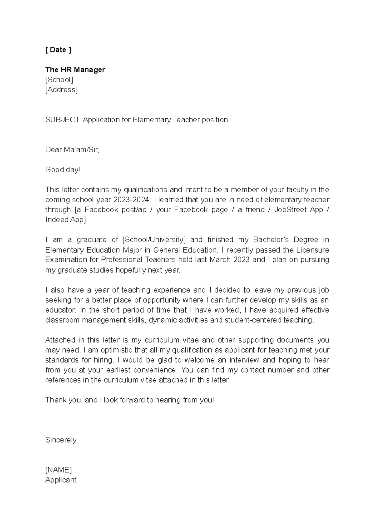 Application- Letter - Sample Only - [ Date ] The HR Manager [School ...