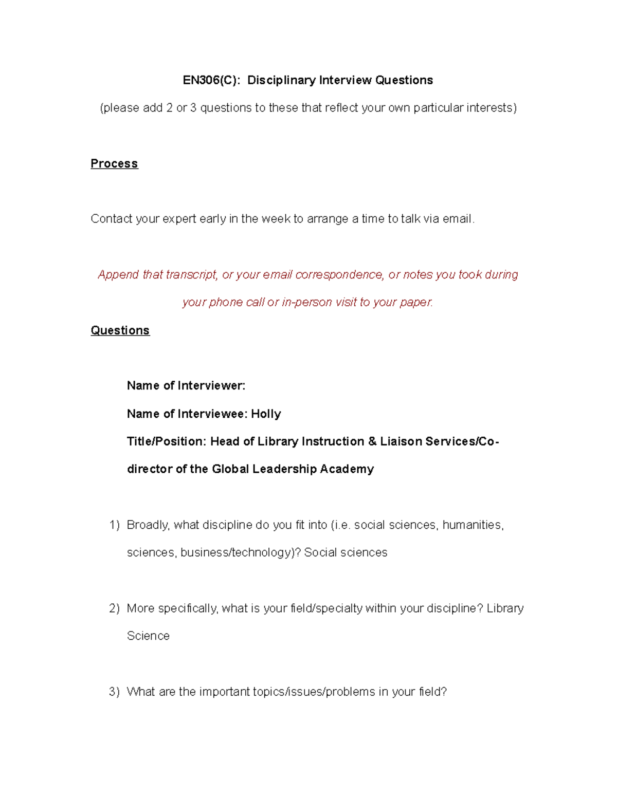 Interview with a Librarian-Holly - EN306(C): Disciplinary Interview ...