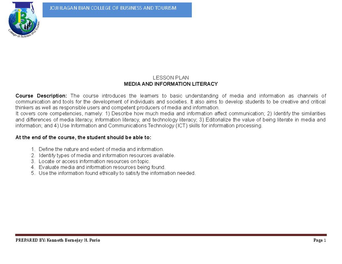 Information communications technology - LESSON PLAN MEDIA AND ...