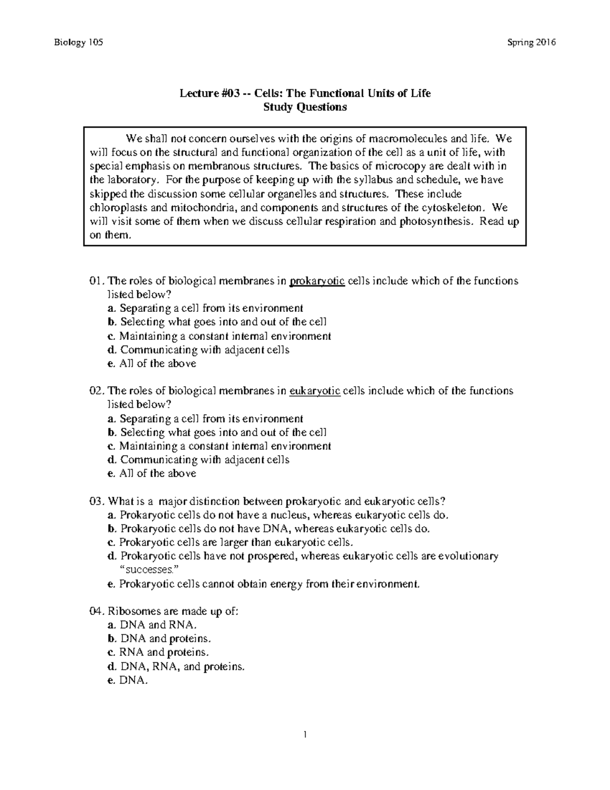 03 cell-post - notes - Biology 105 Spring 2016 Lecture #03 - Cells: The ...