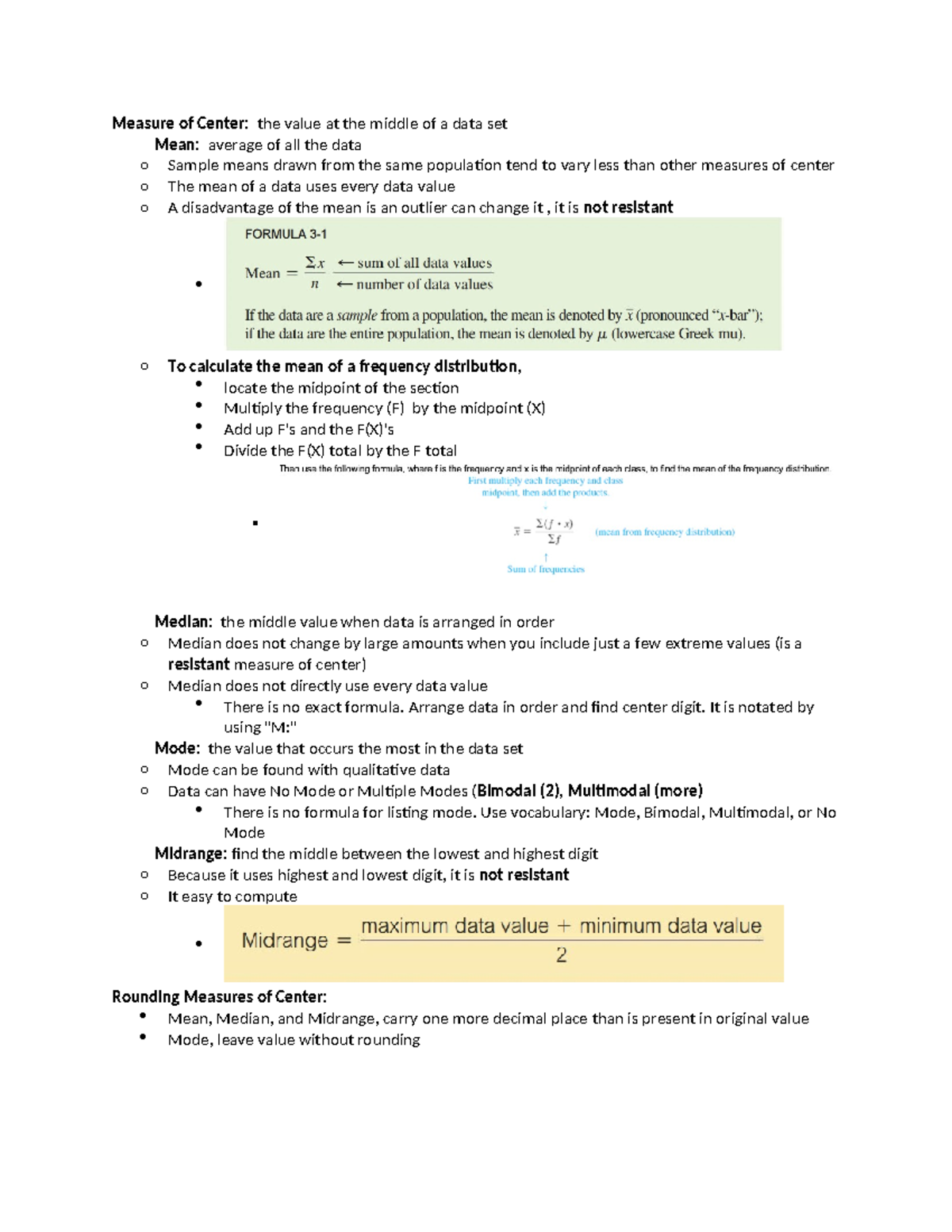 Chapter 3 Stats Notes - Measure of Center: the value at the middle of a ...