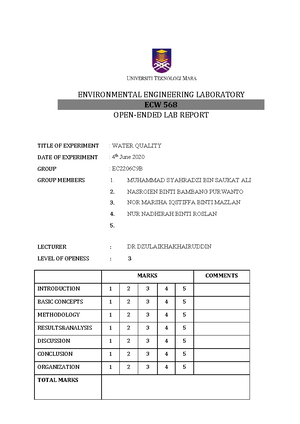 Jar Test Lab Report (Level 2) - ENVIRONMENTAL ENGINEERING LABORATORY ...