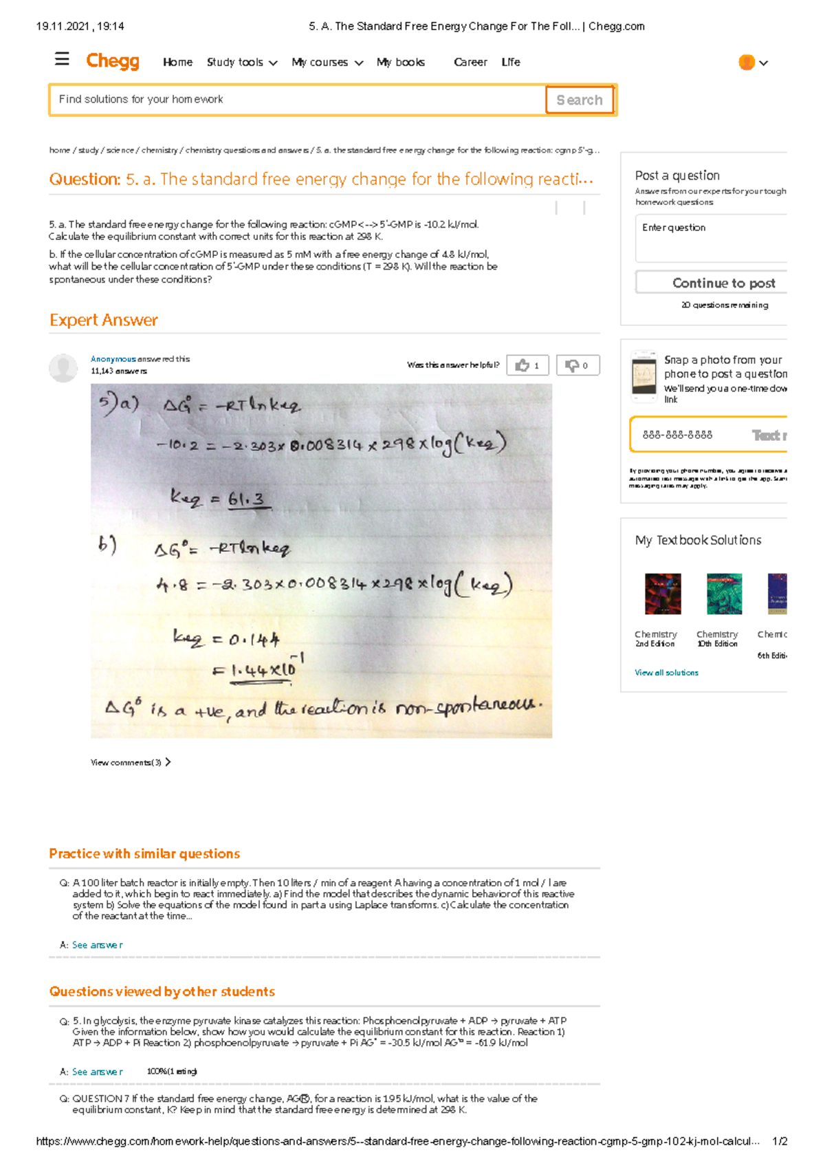 5. A. The Standard Free Energy Change For The Foll... Chegg - 19.11, 19 ...