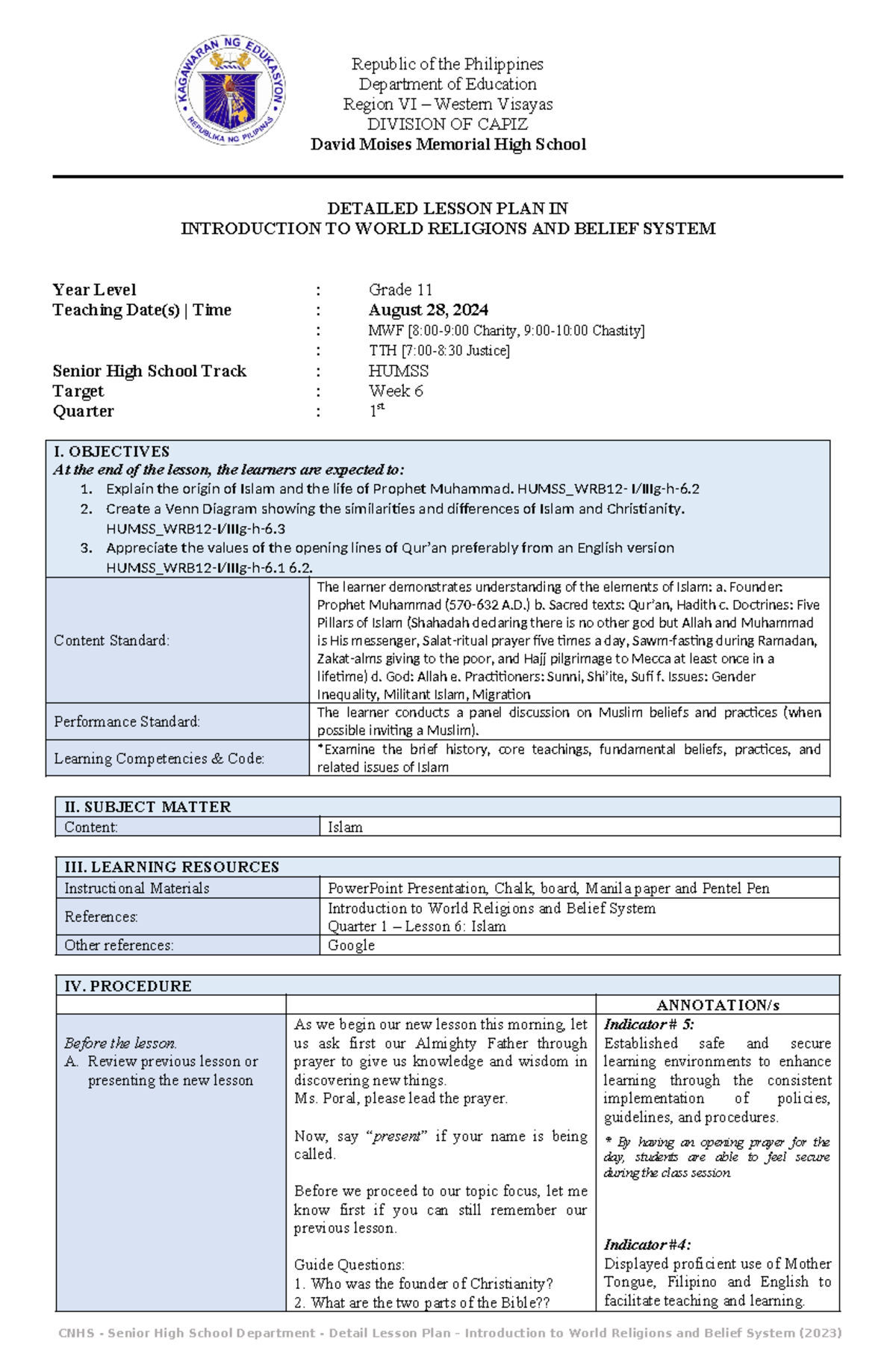 Detailed Lesson Plan in Introduction to World Religions and Belief ...