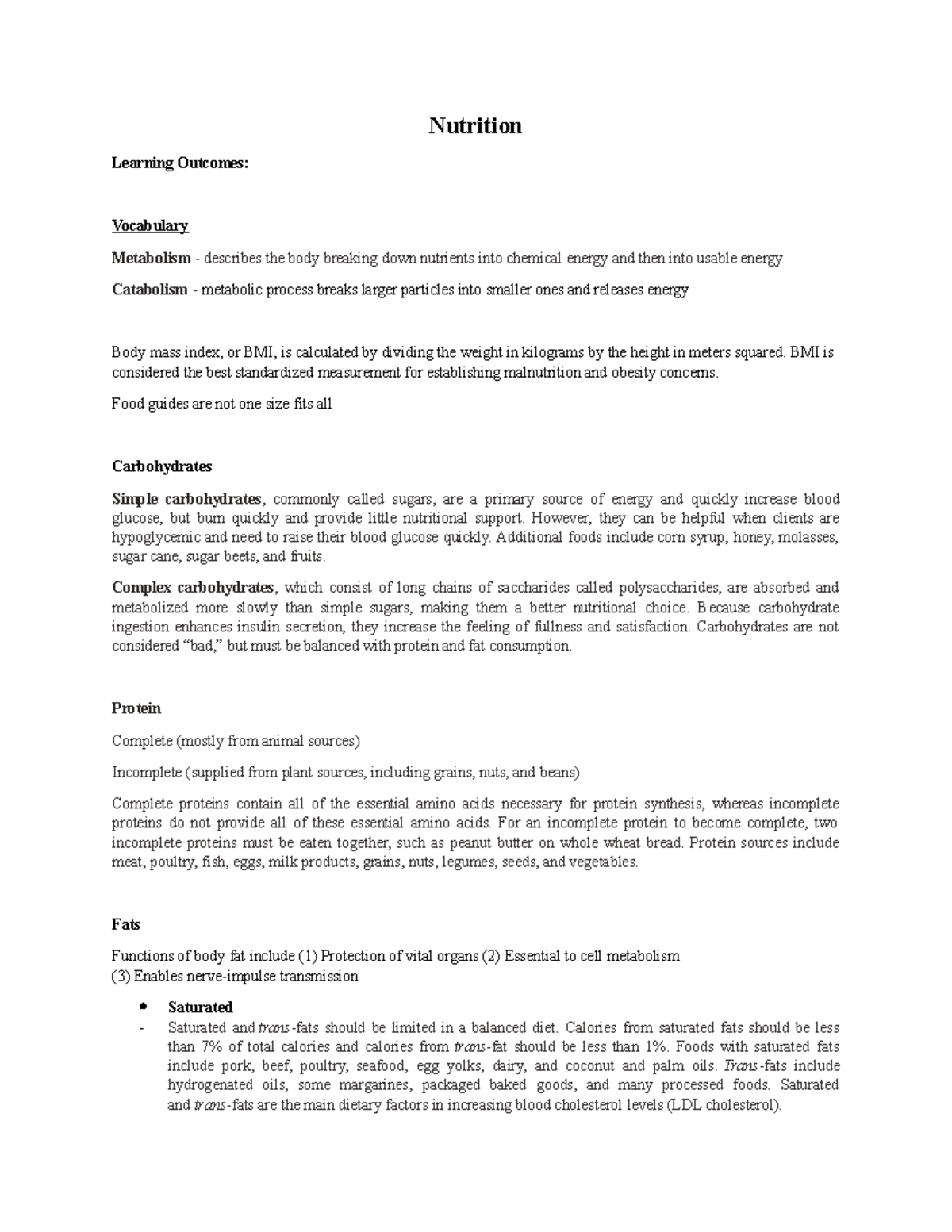 Nutrition Notes - Nutrition Learning Outcomes: Vocabulary Metabolism ...