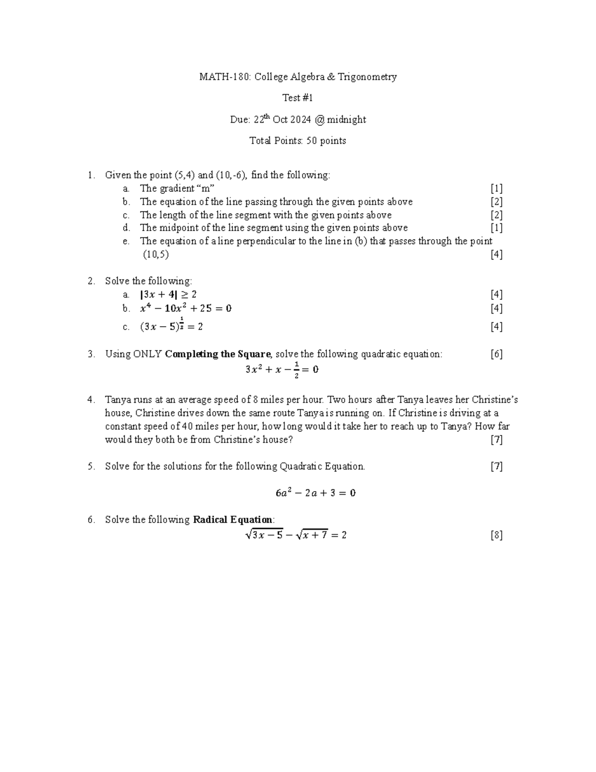 Algebra test #1 V1.0 - please solve problems - MATH-180: College ...