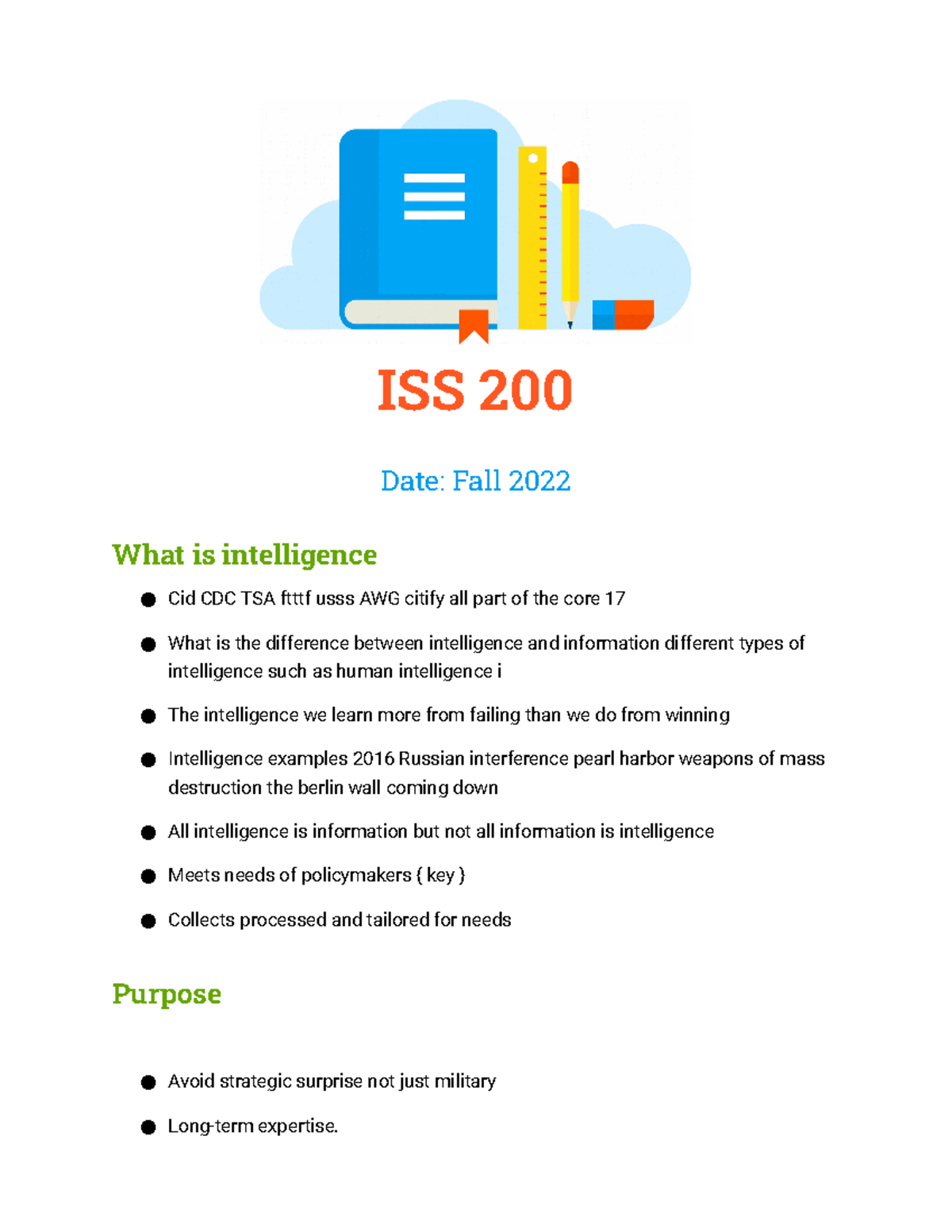 ISS 200 Notes - ISS 200 Date: Fall 2022 What is intelligence Cid CDC ...