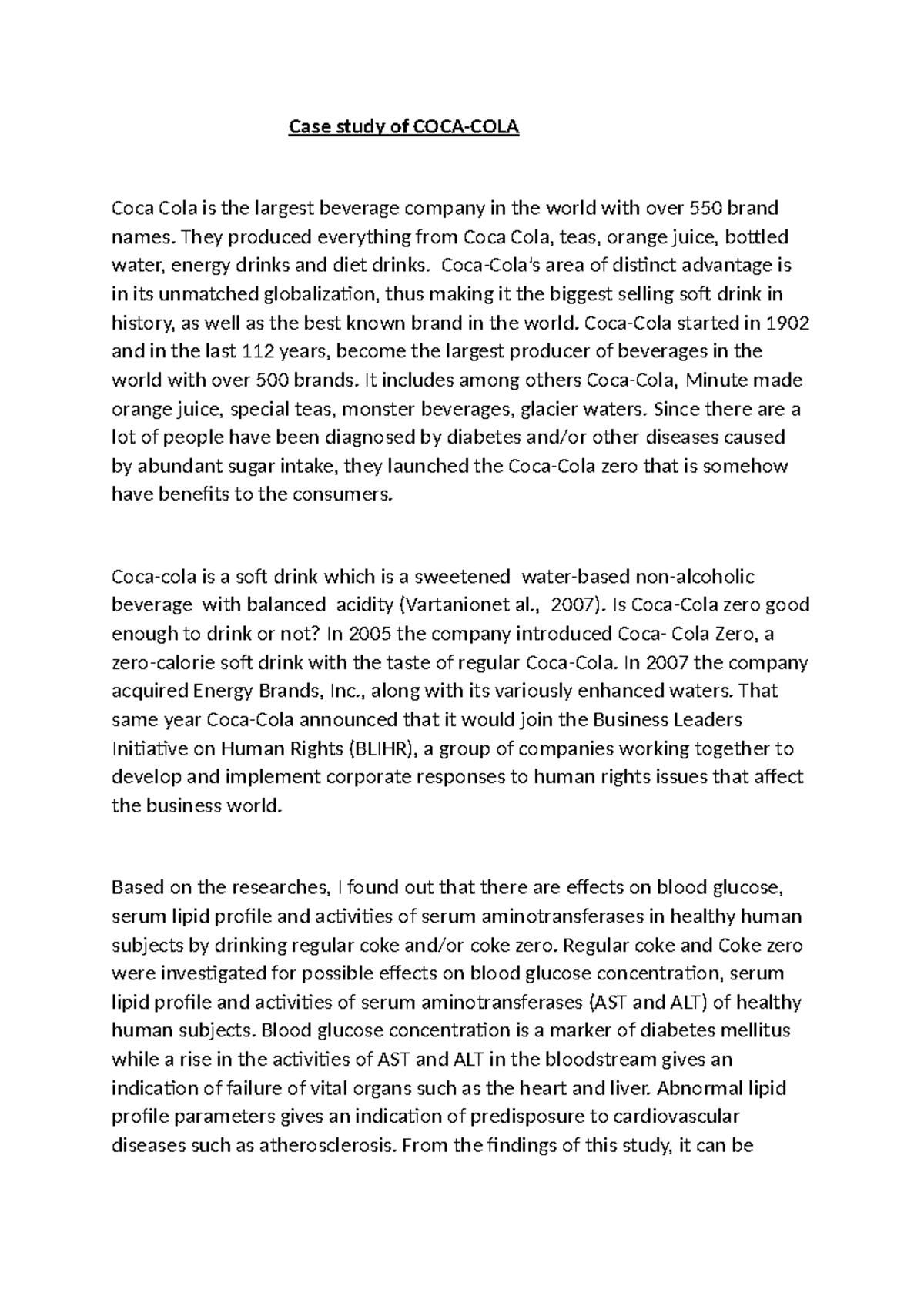 CASE Study OF COCA COLA ZERO - Case study of COCA-COLA Coca Cola is the ...
