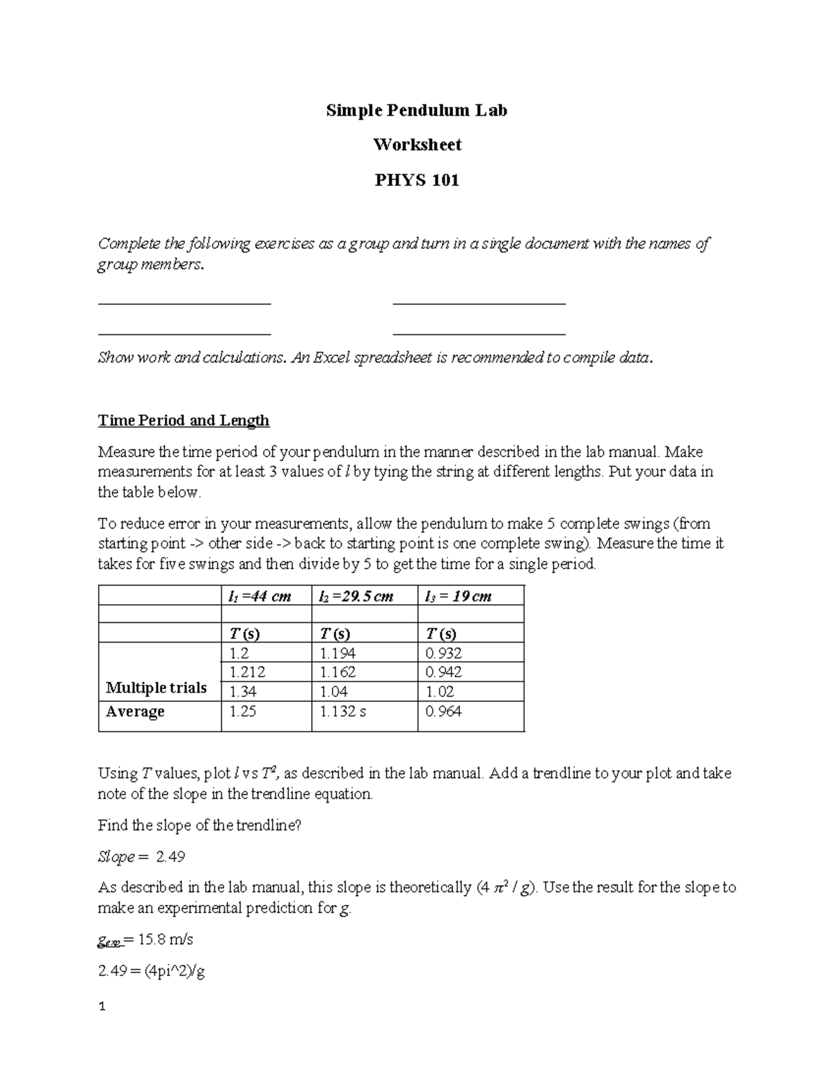 The Simple Pendulum - Worksheet 010422 2 - Simple Pendulum Lab ...