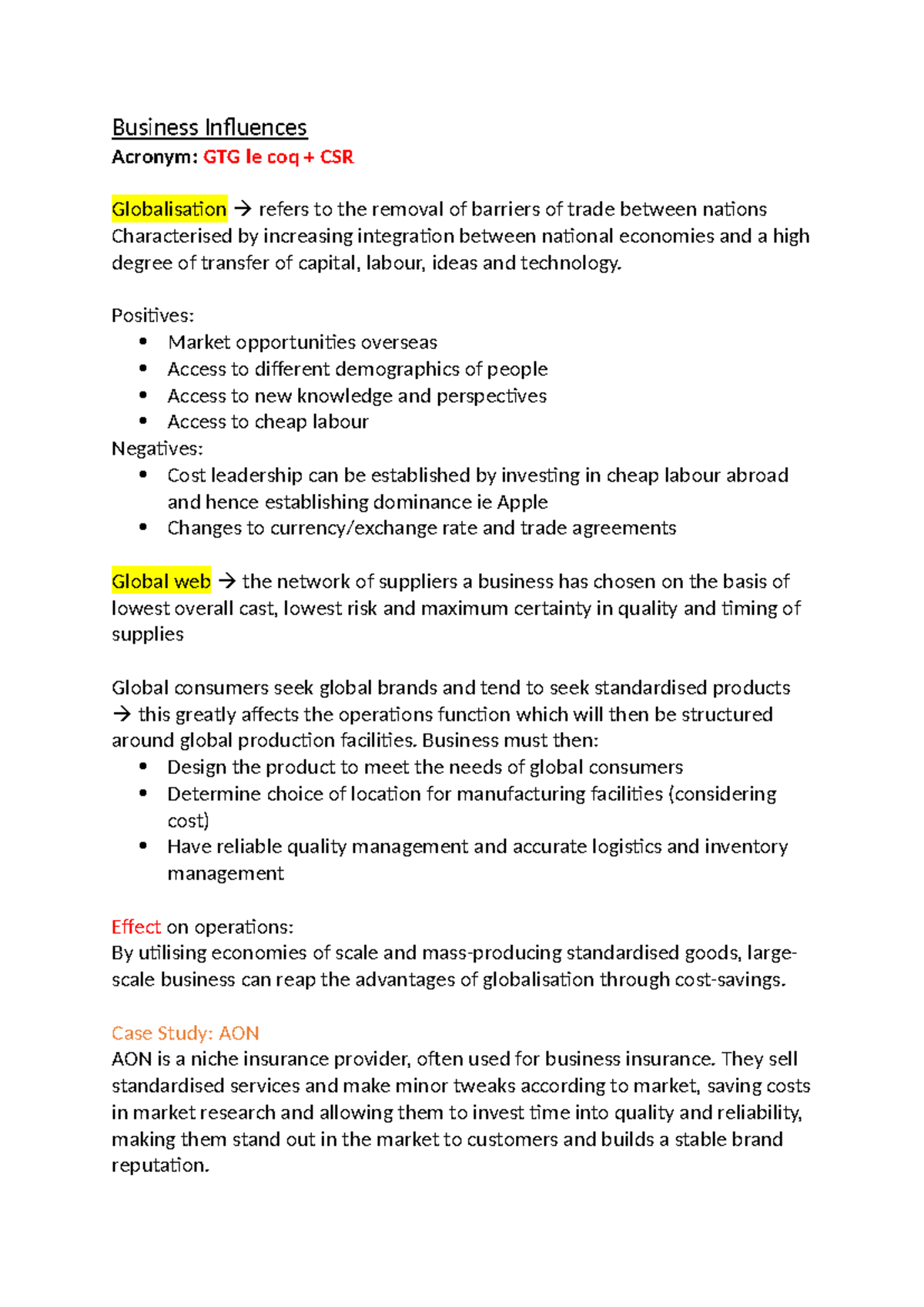 influences on operations - Business Influences Acronym: GTG le coq ...