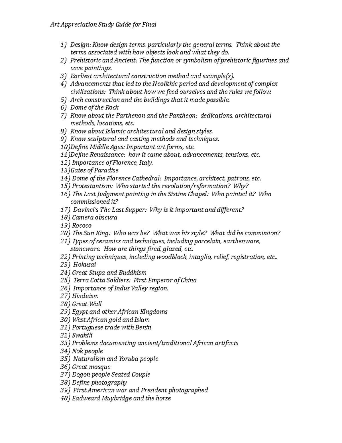 Art Appreciation Final Study Guide - Art Appreciation Study Guide for ...