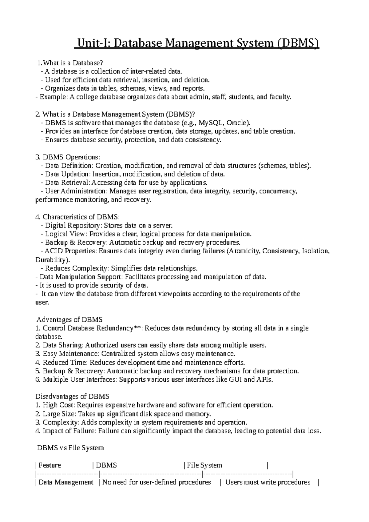 Data Base Management System - Unit-I: Database Management System (DBMS) 1 is a Database? - A ...