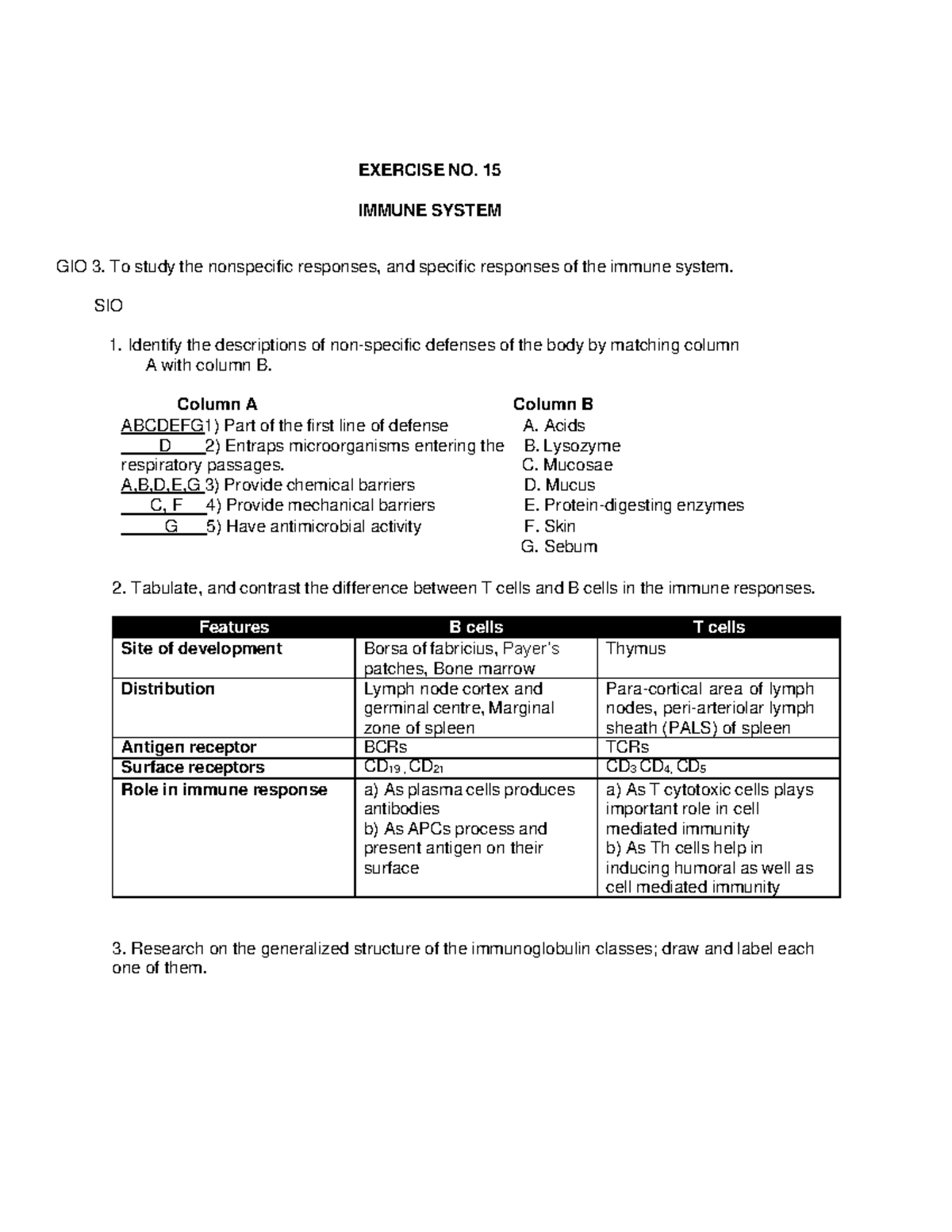 ( Anatomy & Physiology) Immune System - EXERCISE NO. 15 IMMUNE SYSTEM ...