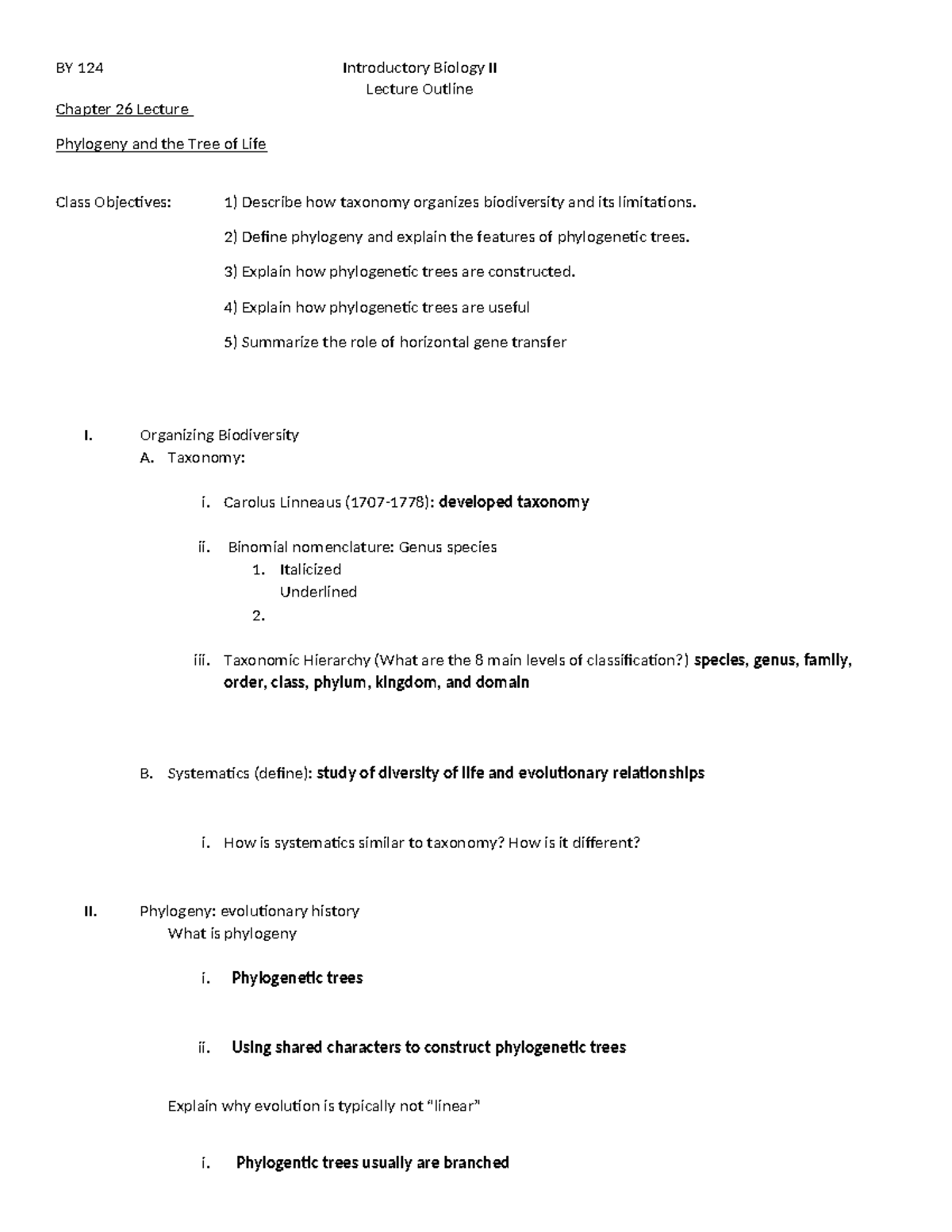 Ch 26 Phylogeny and Tree of Life Outline - BY 124 Introductory Biology ...