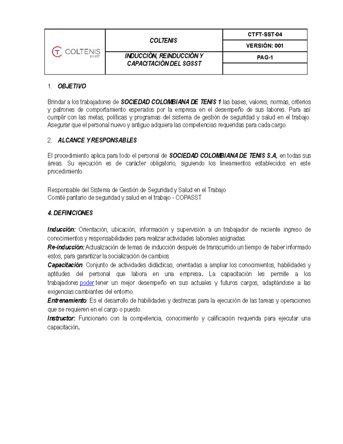 Induccion, Reinduccion Y Capacitacion DEL Gssst - COLTENIS VERSIÓN: 001 ...