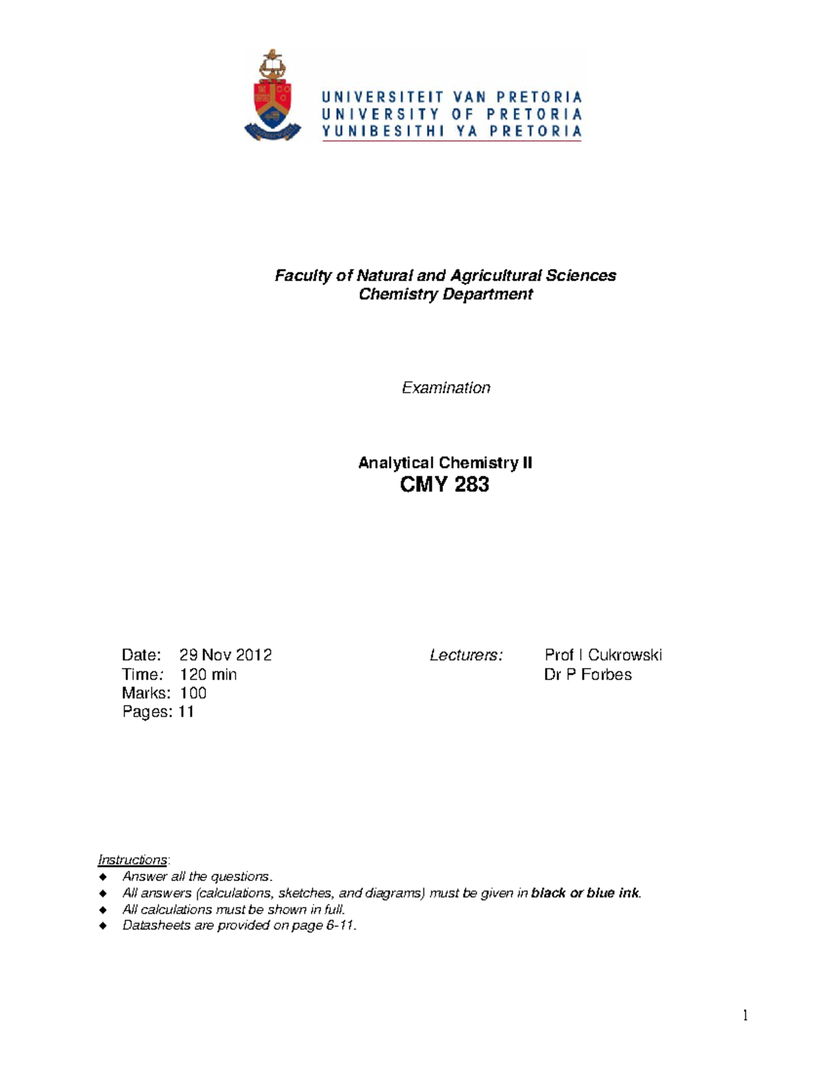 CMY283 Nov 2012 Exam Paper - CMY 283 - UP - Studocu